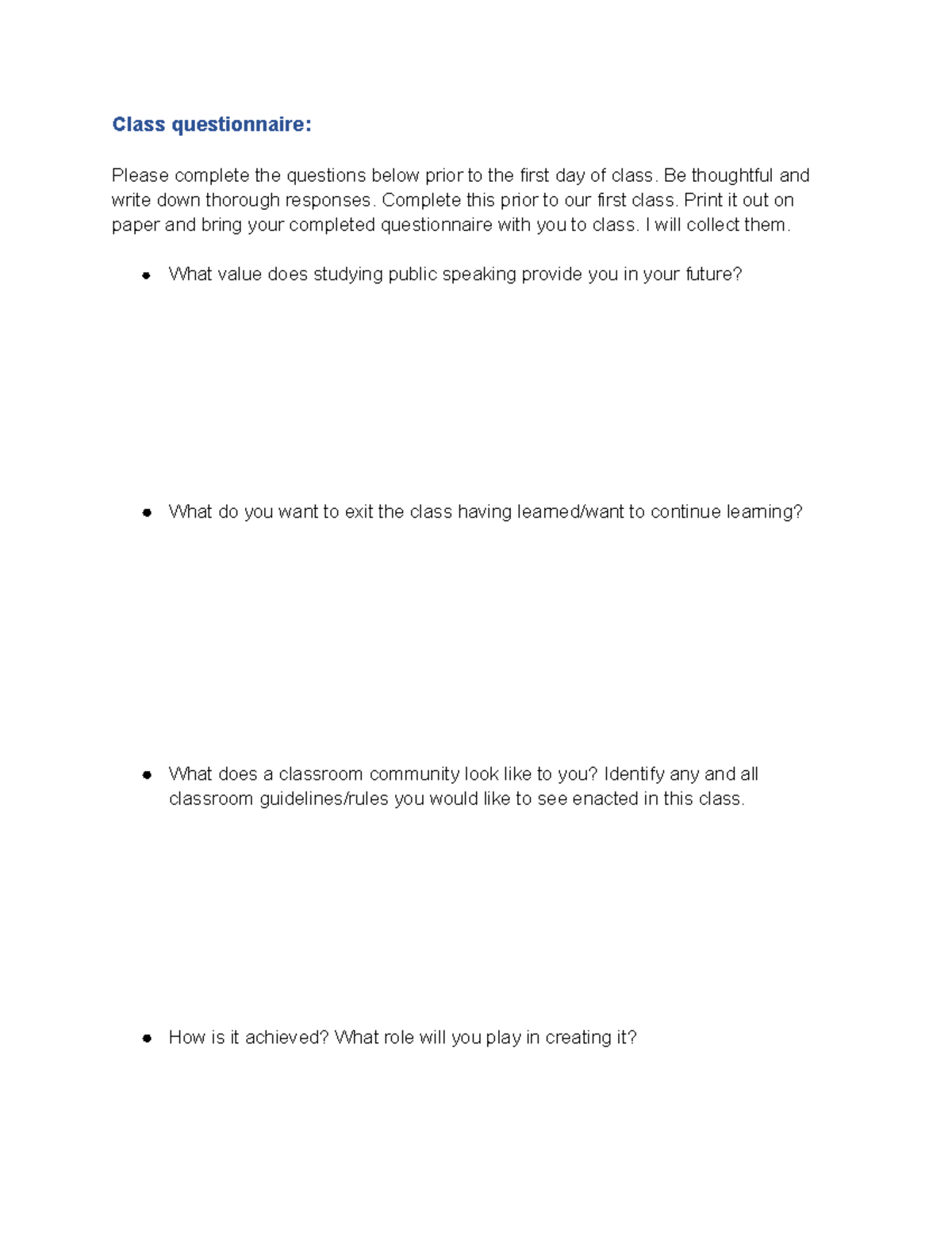Class questionnaire - Notes - Class questionnaire: Please complete the ...