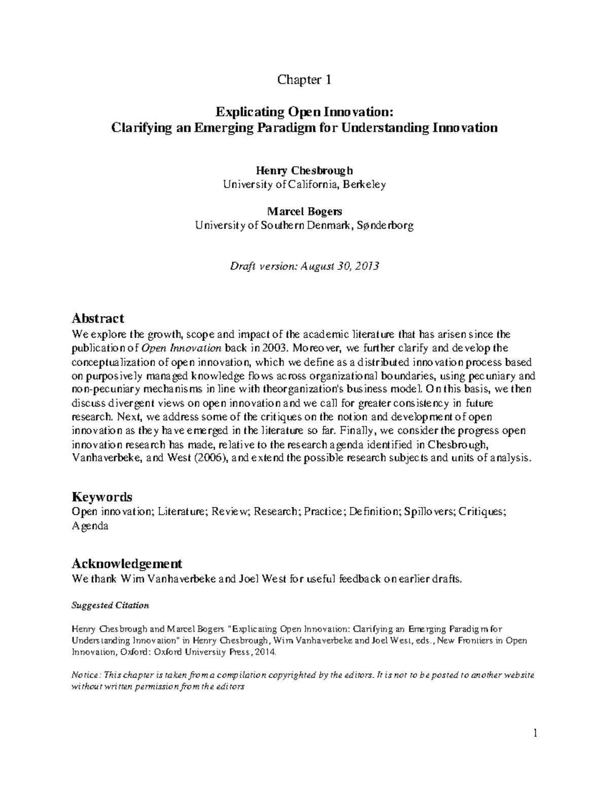 Chesbrough, Bogers 2014 Explicating Open Innovation Clarifying an Emerging Paradigm for - Studocu