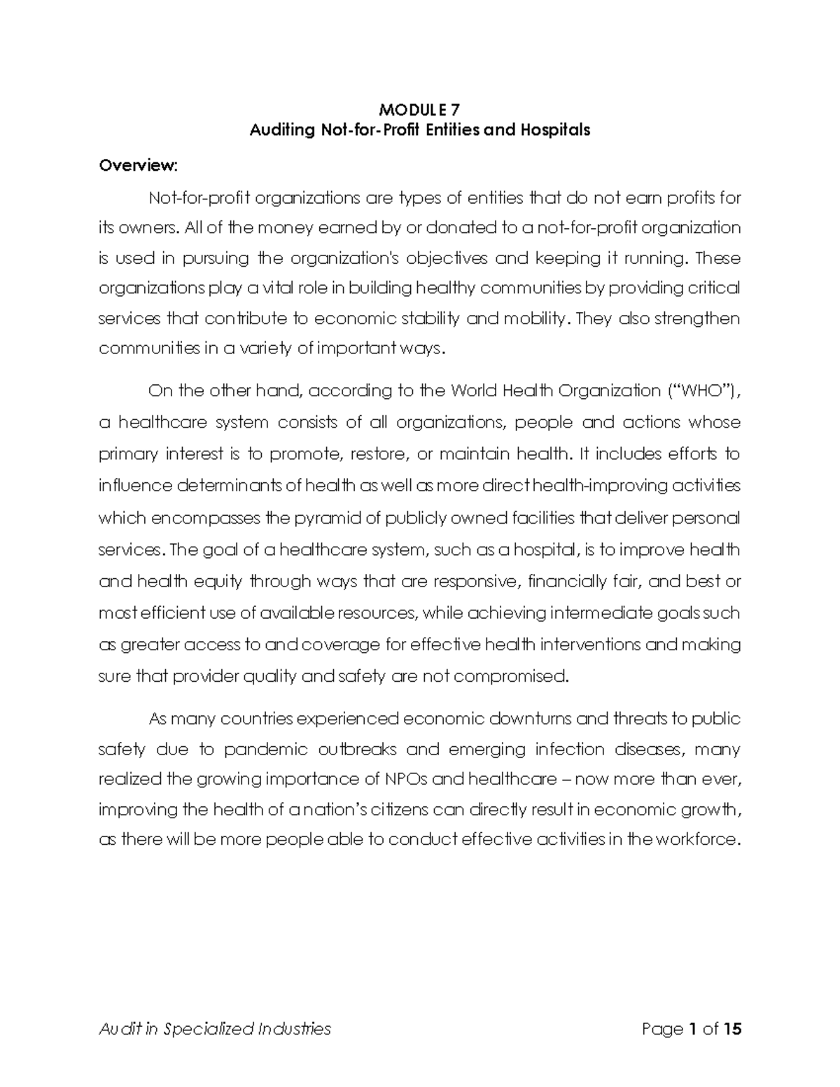 Audit in Specialized Industries Module 7 - MODULE 7 Auditing Not-for-Profit Entities and ...