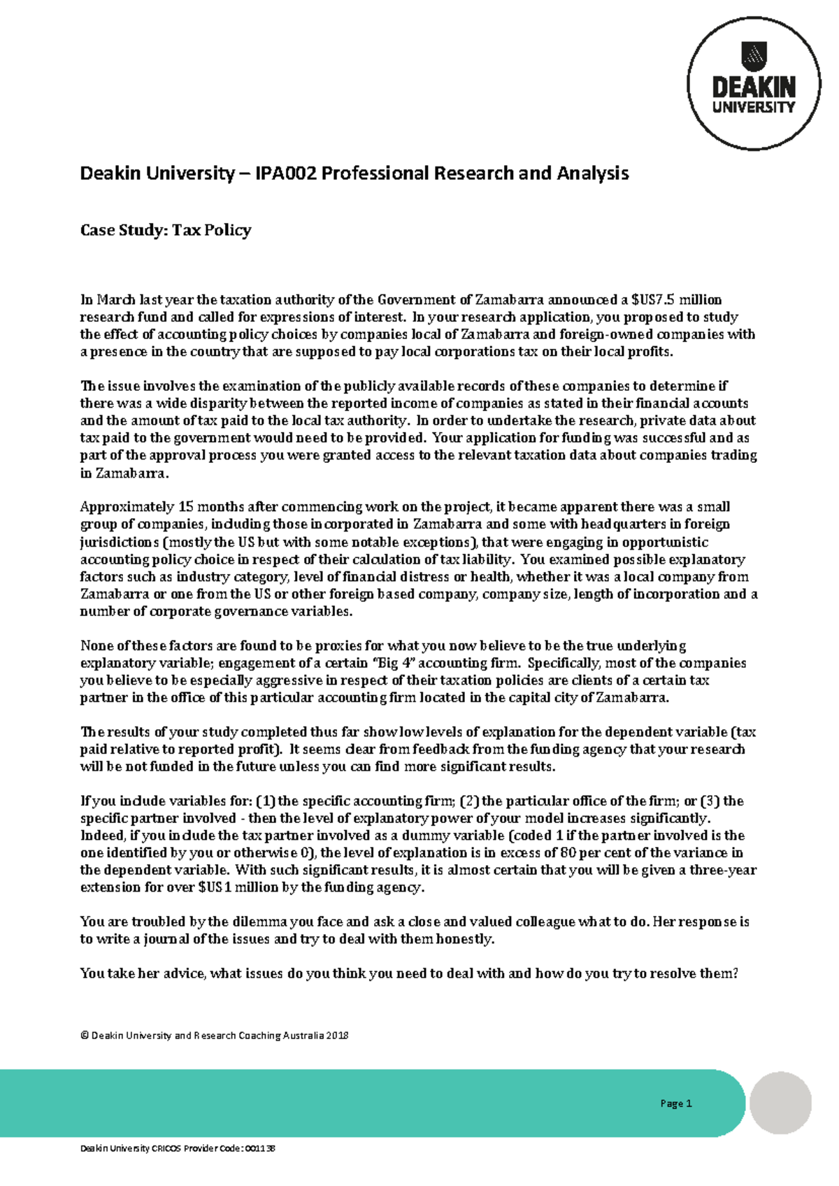 IPA002 Topic 7 Part 1 - Case Study - Research Ethics - Tax Policy ...