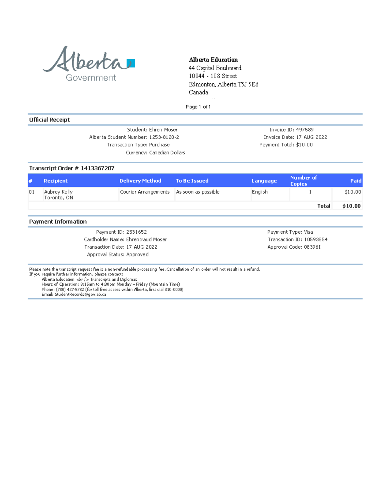 Receipt - jebf - Official Receipt Student:Ehren Moser Invoice ID ...