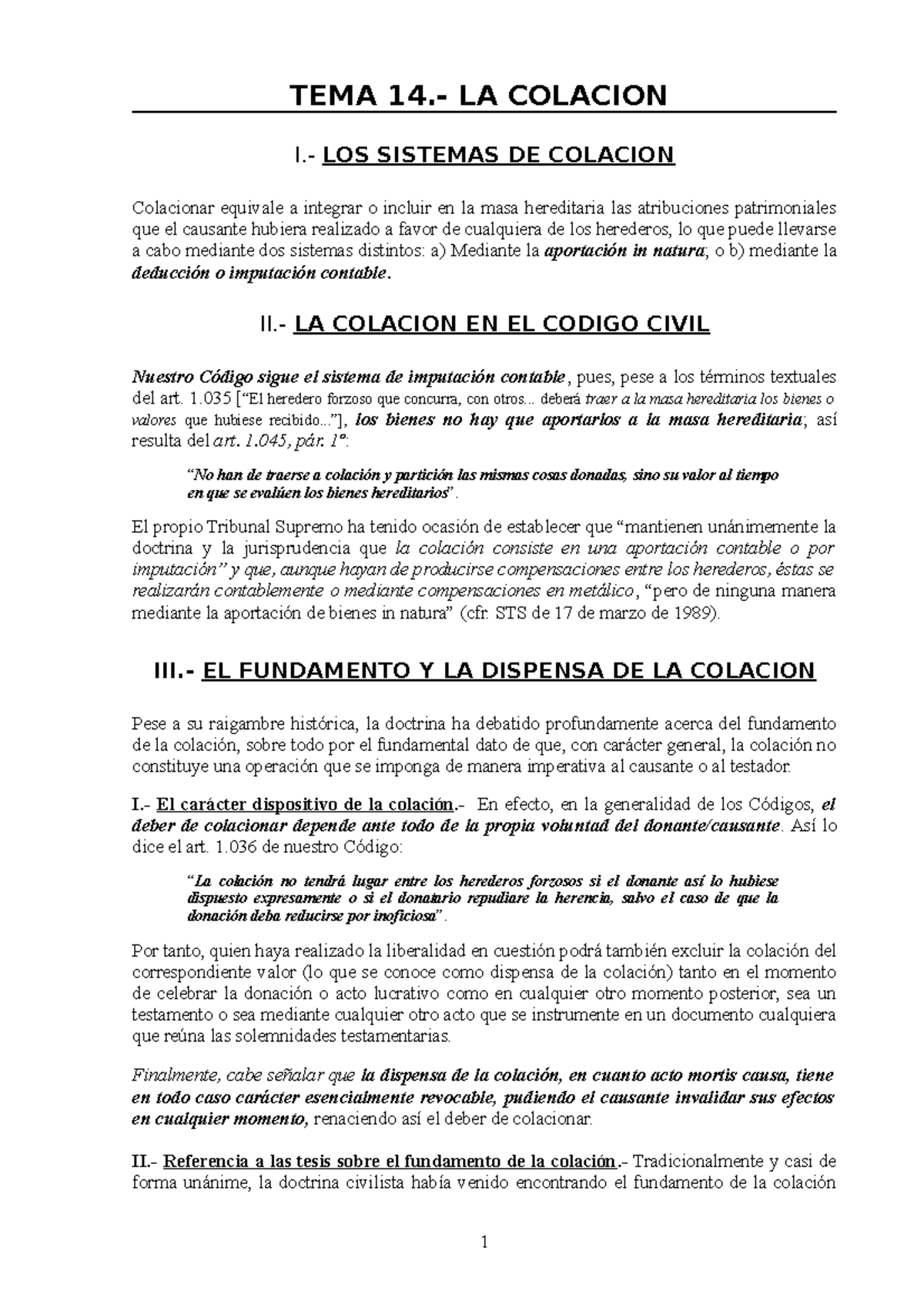 Suc-14 - Resumen tema 14La colacion - TEMA 14.- LA COLACION I.- LOS ...