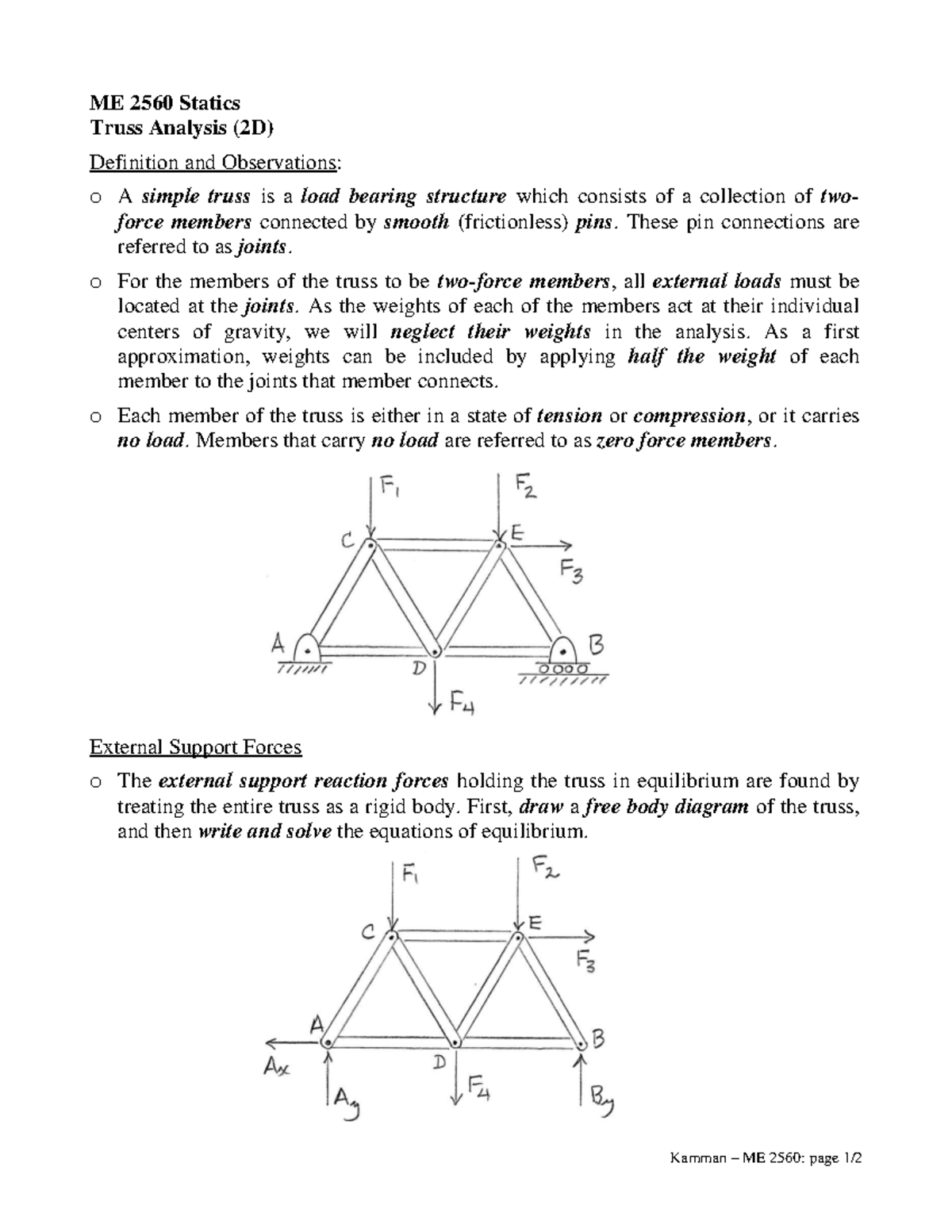 ME256Truss Analysis - Kamman – ME 2560: page 1/ ME 2560 Statics Truss ...