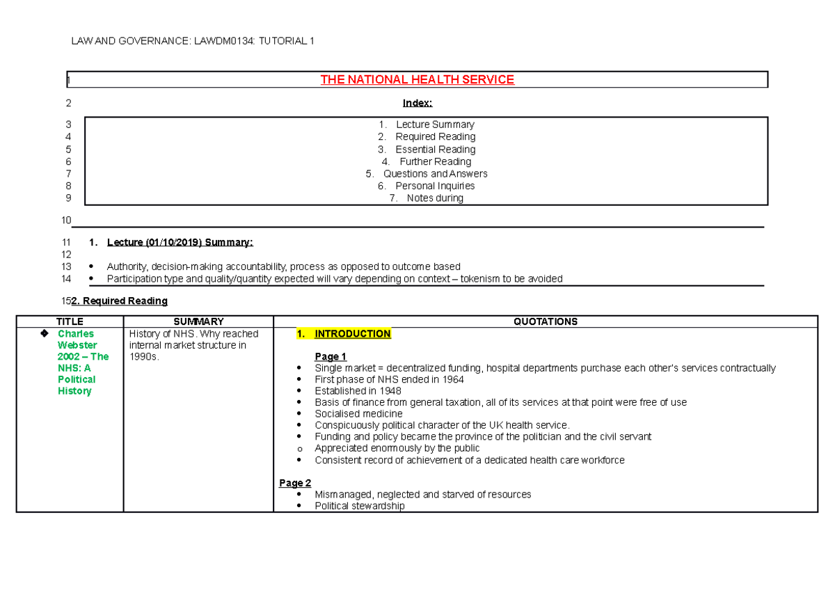 Tutorial 1 - Master Document - THE NATIONAL HEALTH SERVICE Index ...