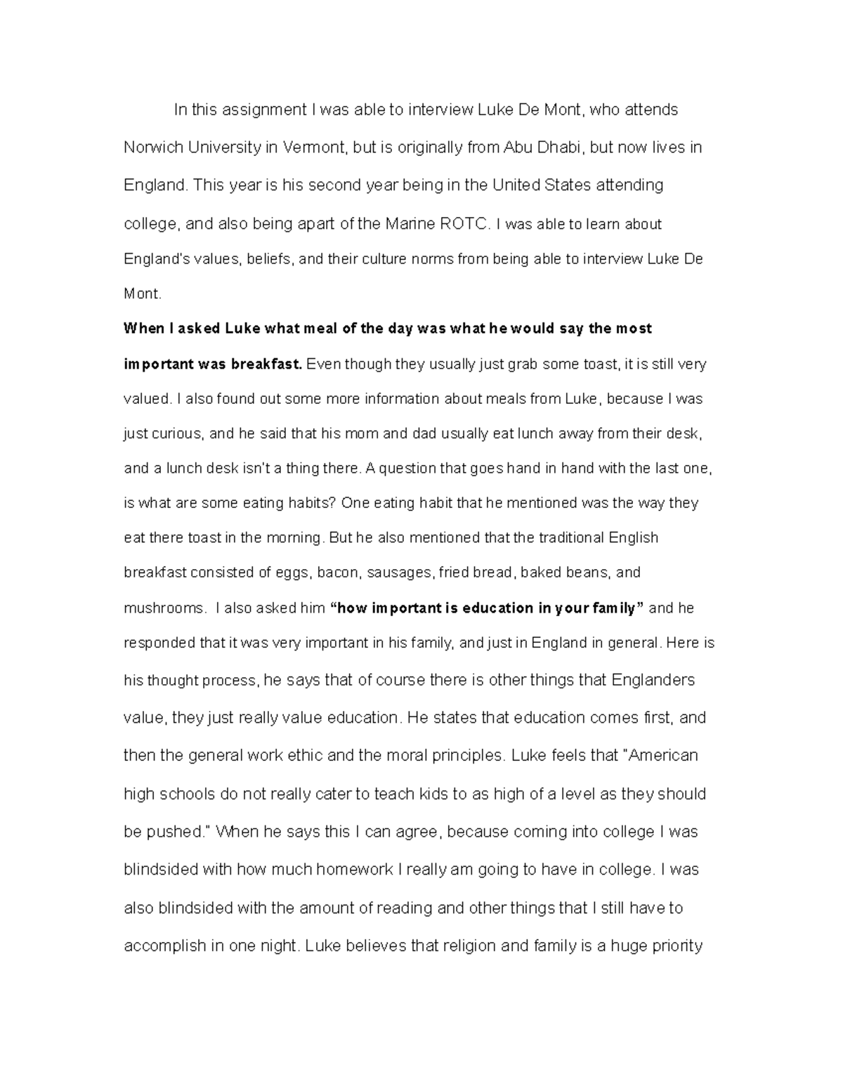 Culture Interview - Grade: A - In this assignment I was able to ...