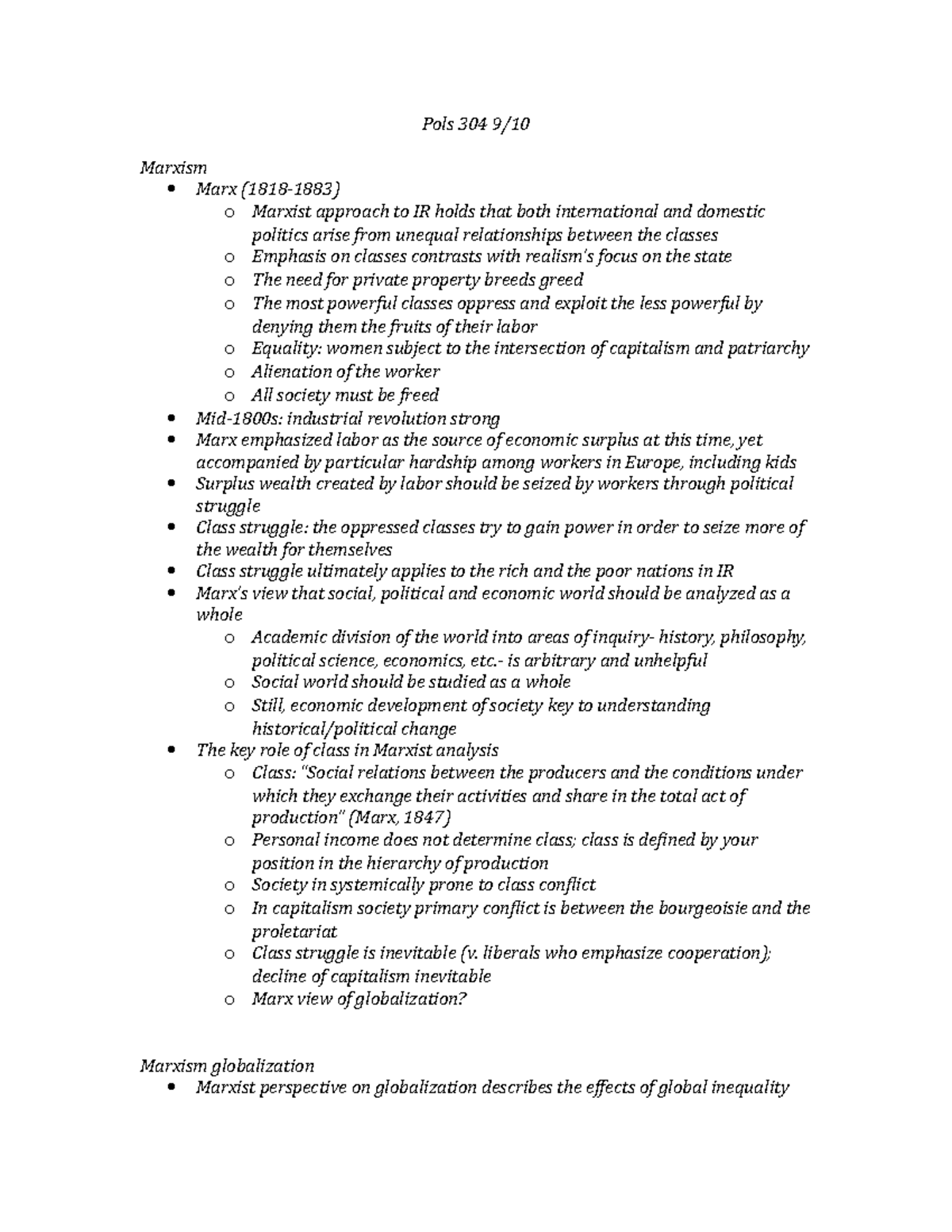Notes on Marxism - Pols 304 9/ Marxism Marx (1818-1883) o Marxist ...