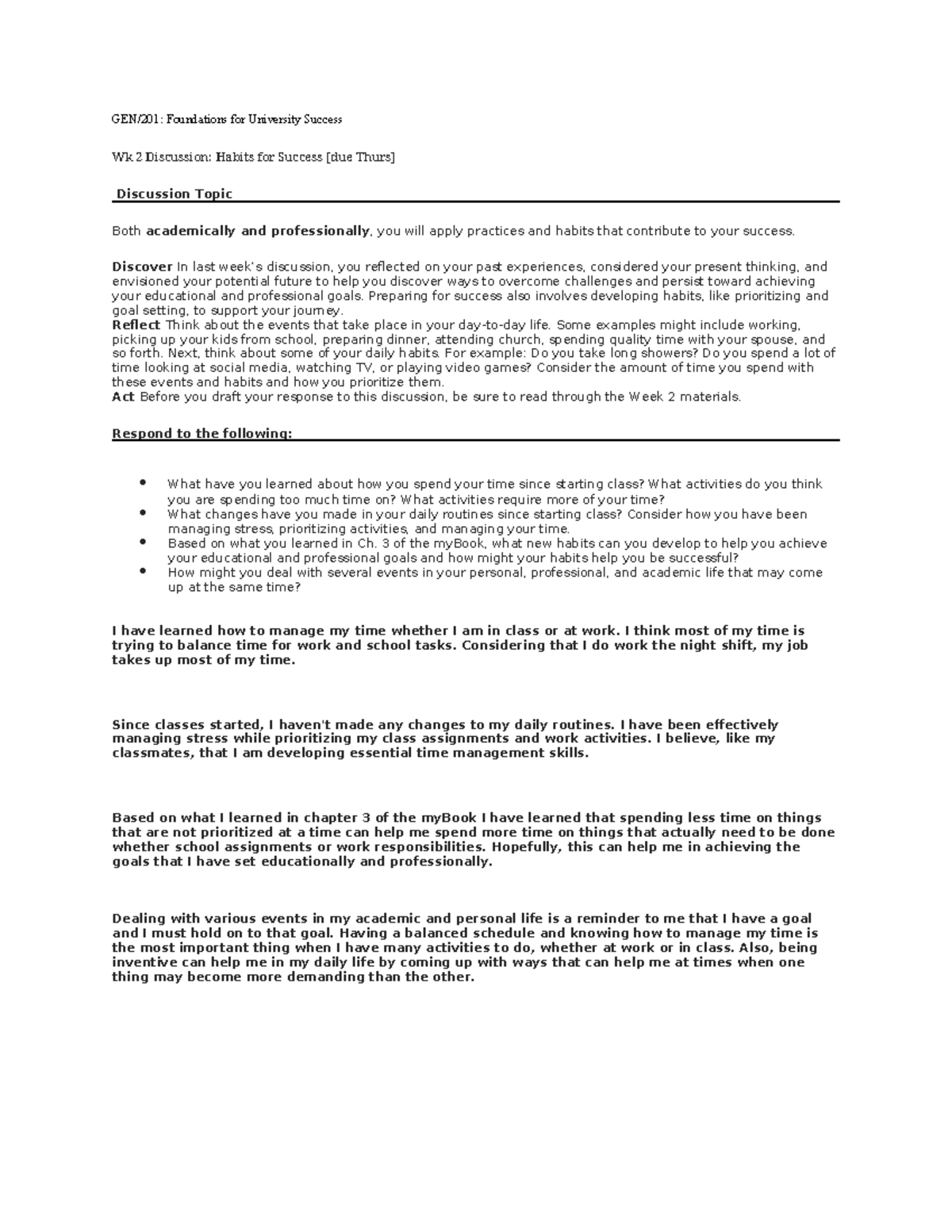 Wk 2 Discussion Habits for Success - Discover In last week’s discussion ...