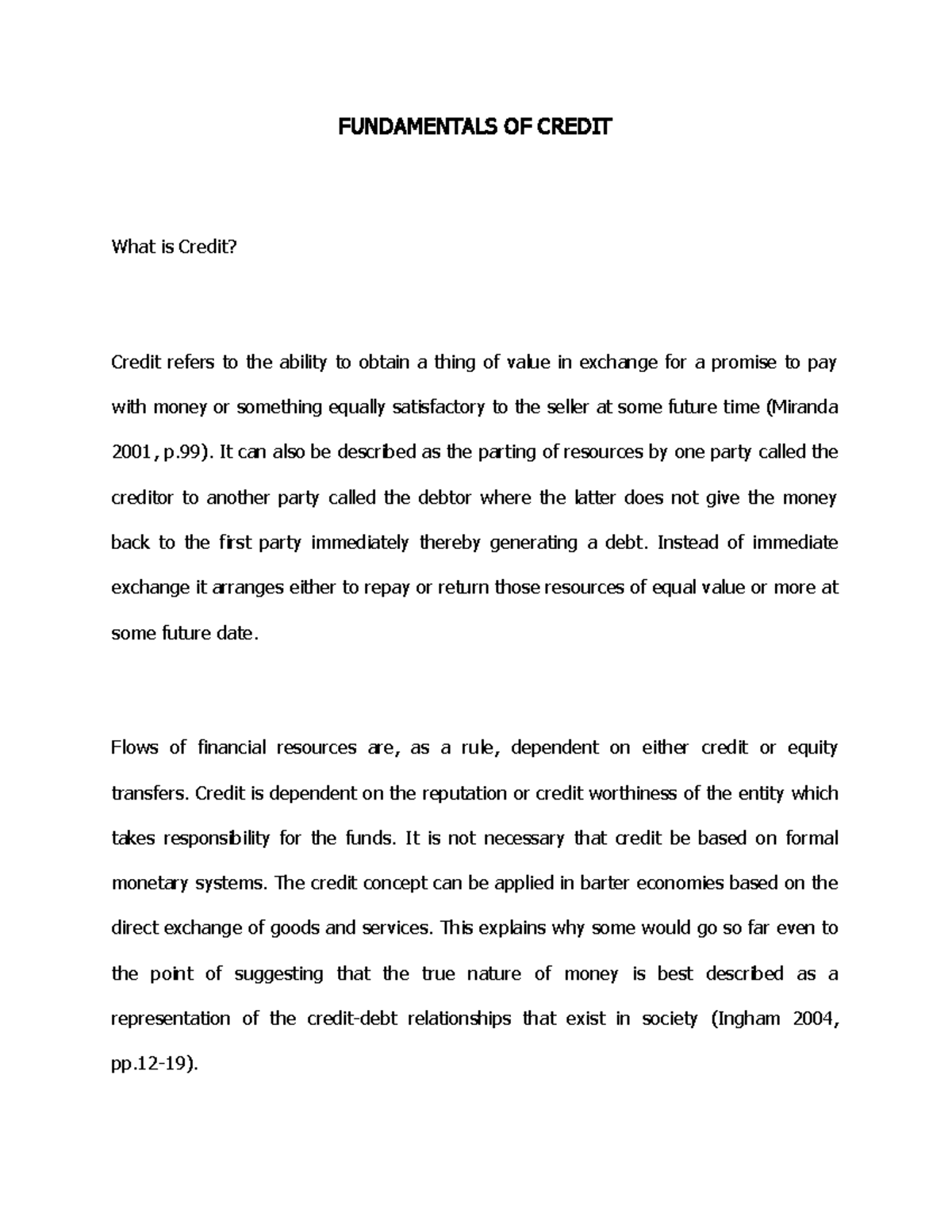 Fundamentals OF Credit - FUNDAMENTALS OF CREDIT What is Credit? Credit ...