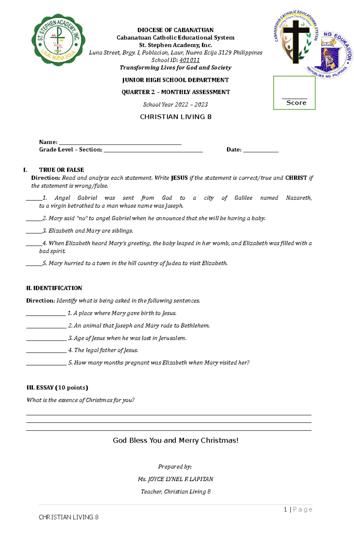 2nd quarter Christian Living 8 monthly assessment - DIOCESE OF ...