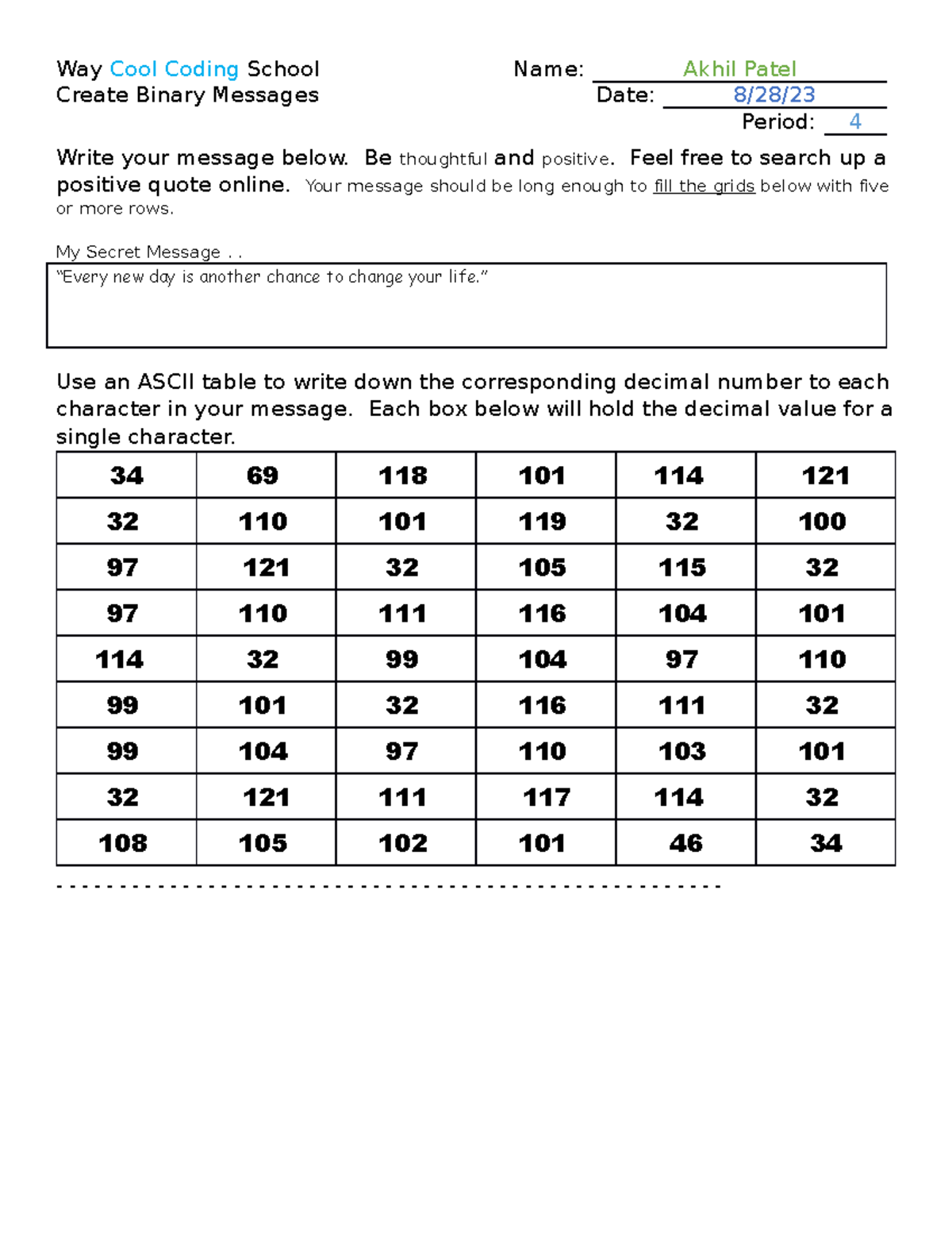 4 Patel Akhil Create Your Own Binary Message - Way Cool Coding School Name: Akhil Patel Create ...