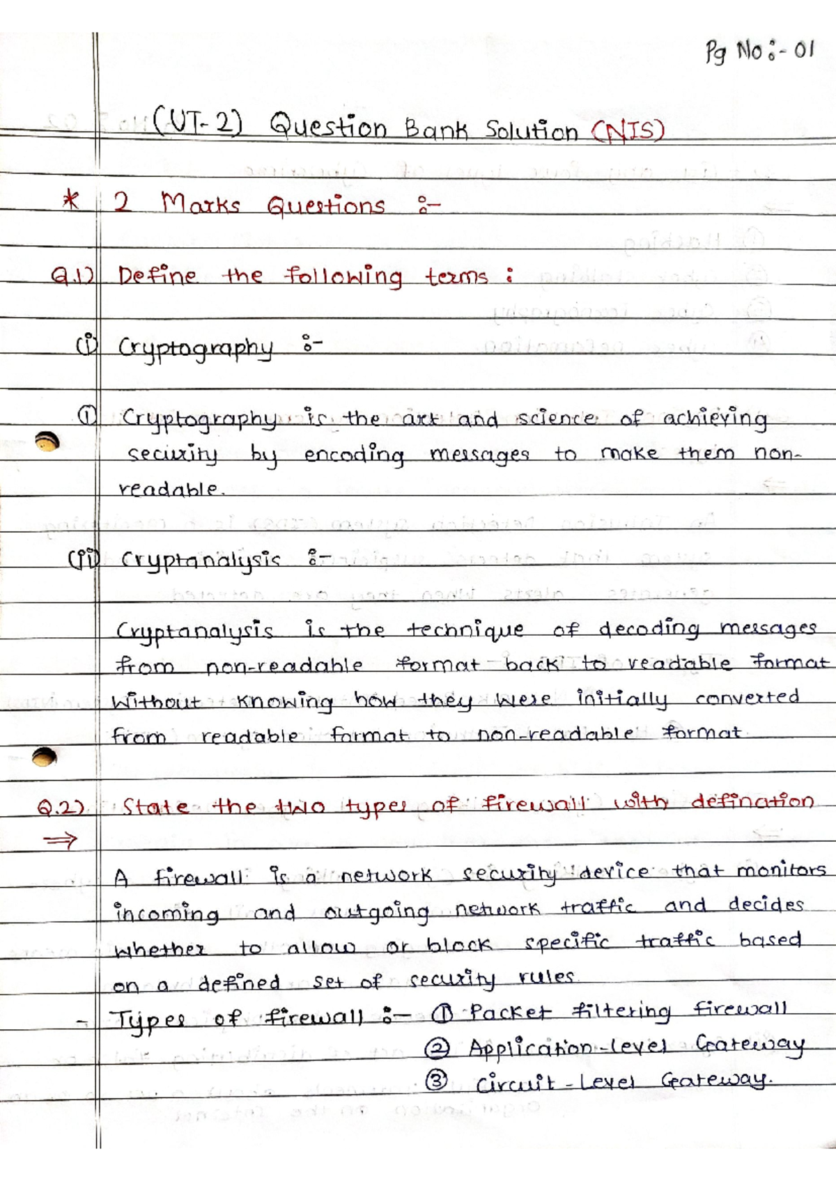 NIS UT2 Solution - nis - Pg 01 Question Bank Solution (NIS) 2 Marks Questions Q) Define the ...