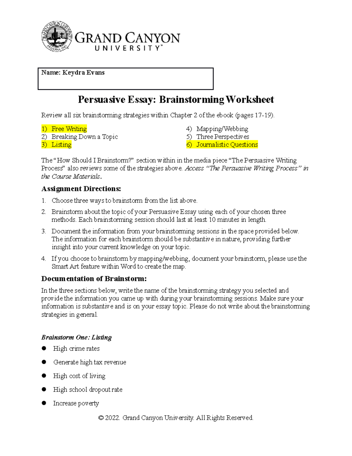 PHI105 T2 Brainstorming Worksheet - Name: Keydra Evans Persuasive Essay ...
