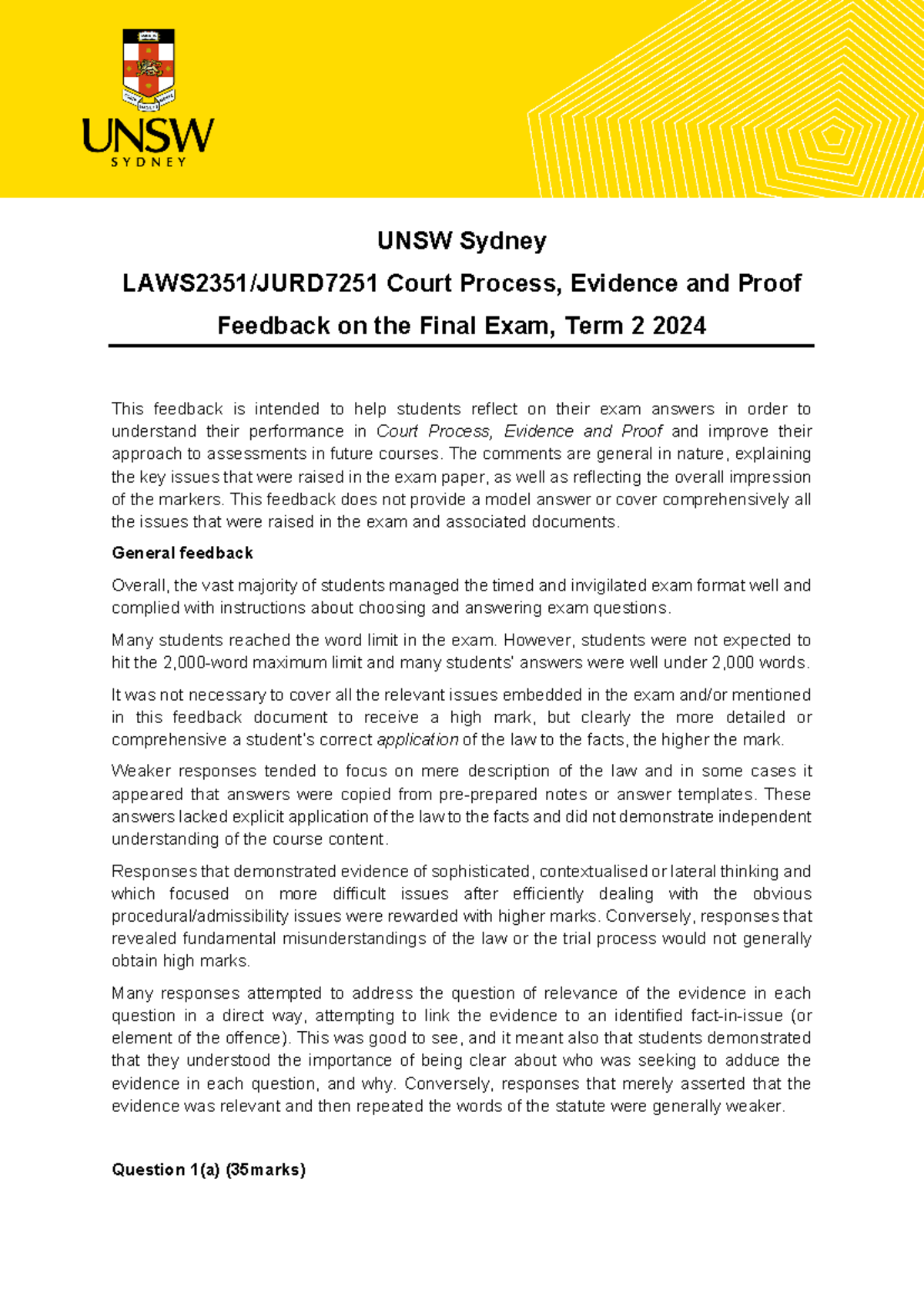 T2 2024 Final Exam Feedback - UNSW Sydney LAWS2351/JURD7251 Court ...