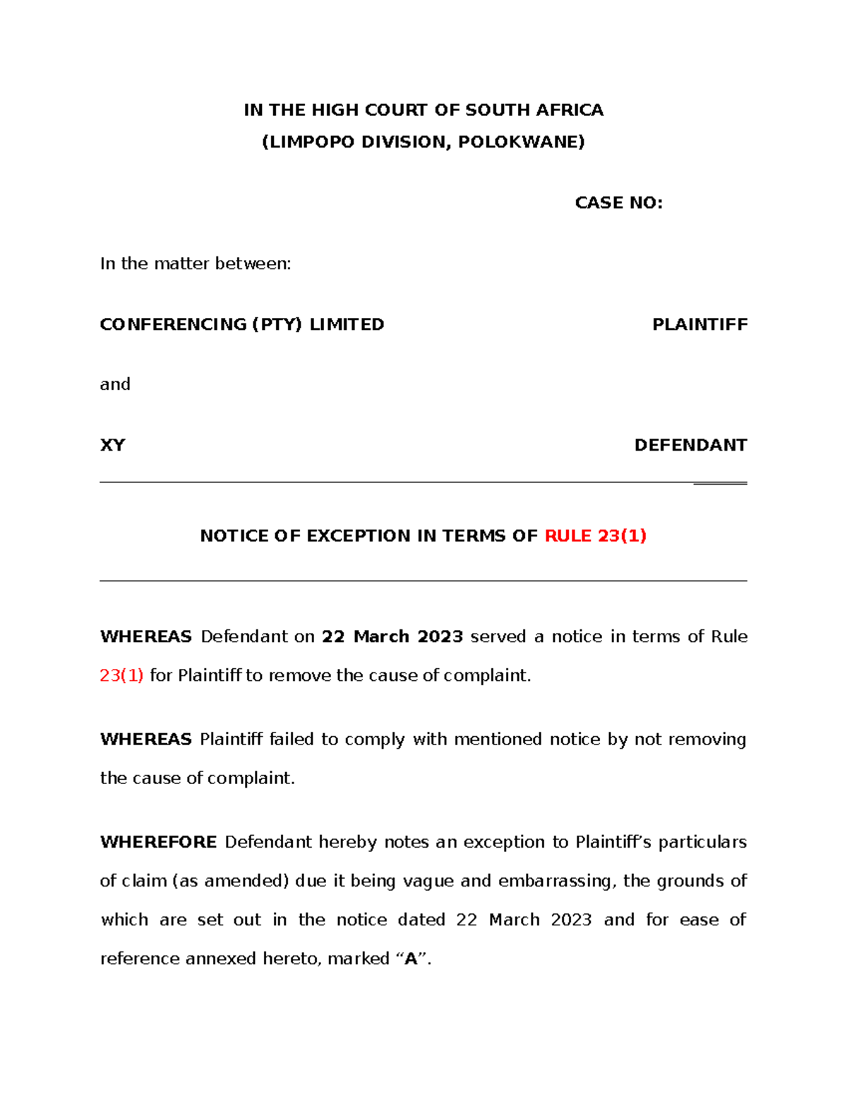 Exception Rule 23(1) Template - IN THE HIGH COURT OF SOUTH AFRICA ...