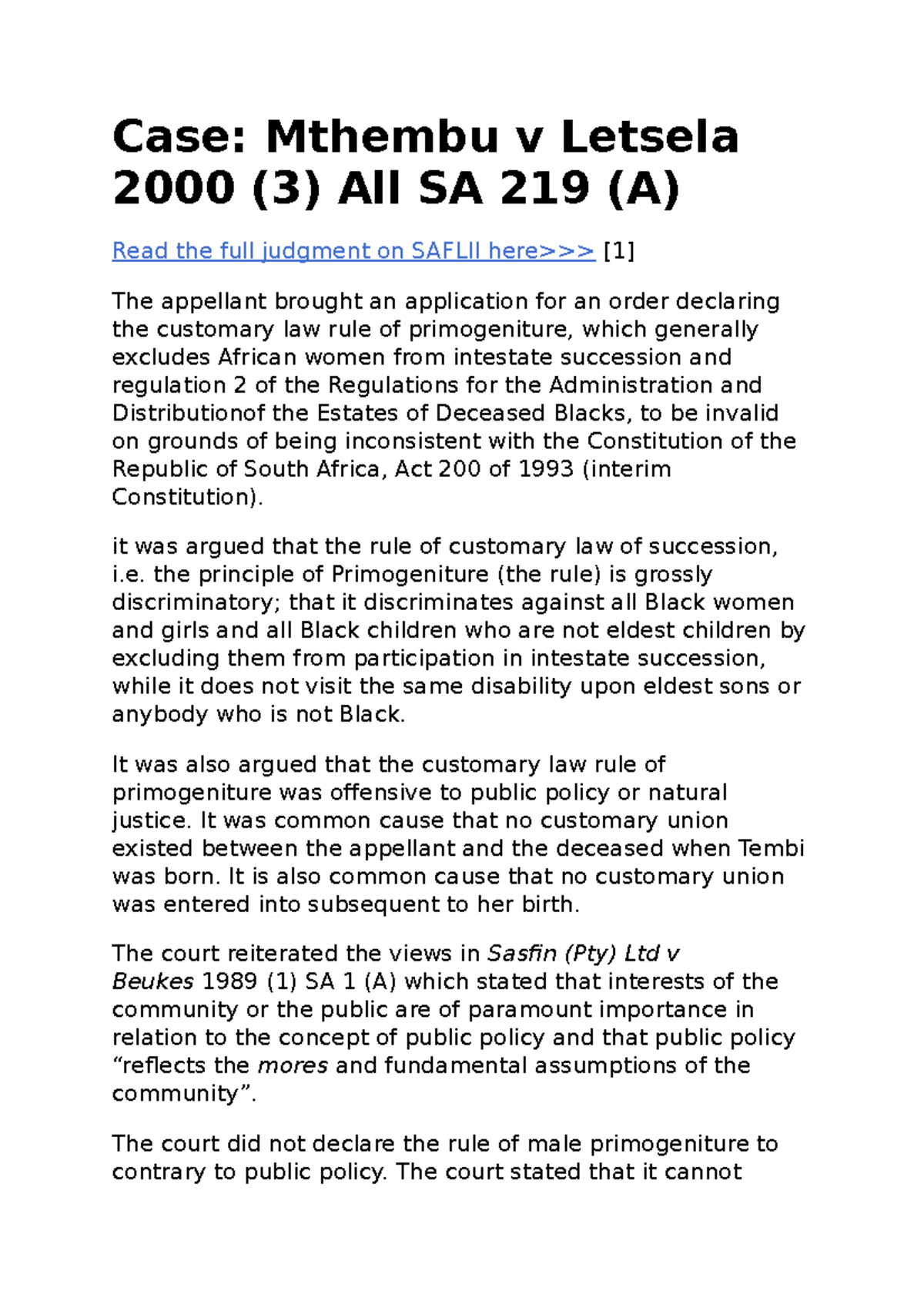 Mabena v Letsoalo - Case: Mthembu v Letsela 2000 (3) All SA 219 (A ...