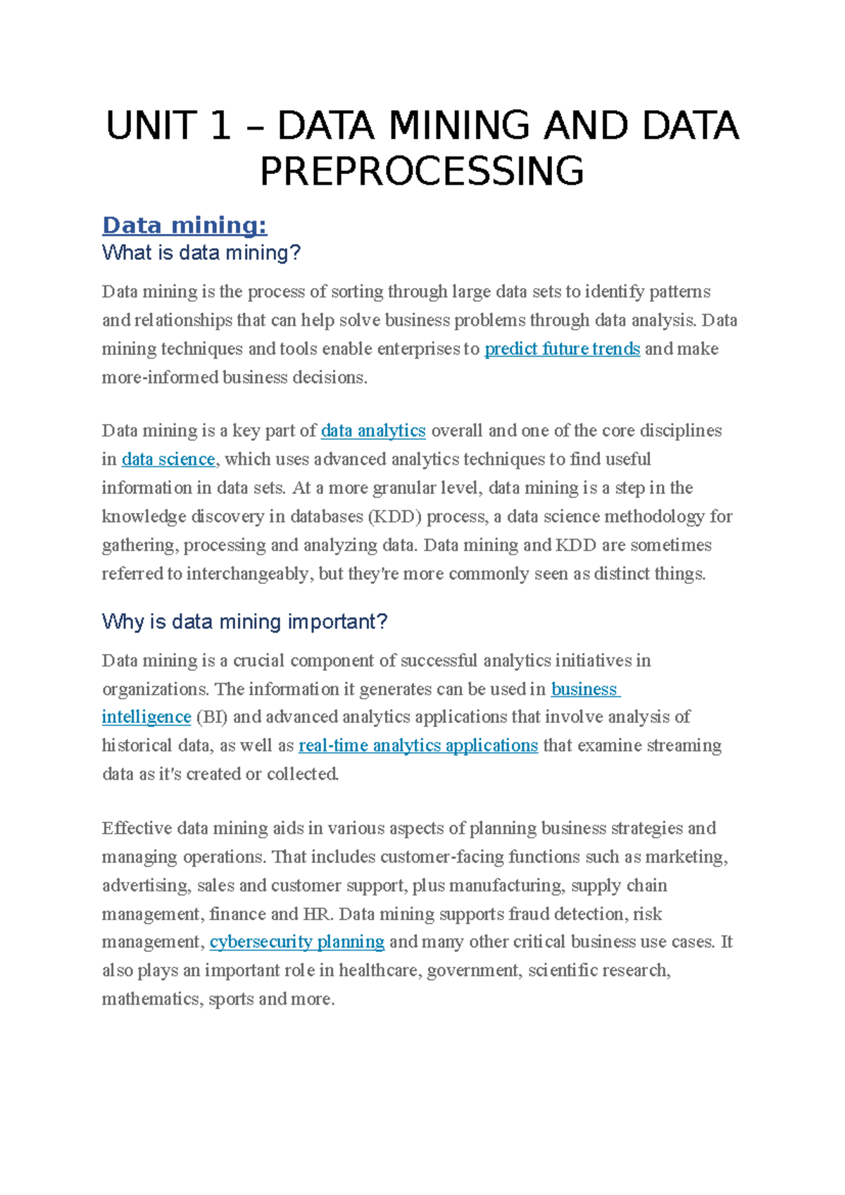 MC4020 - DATA Mining AND DATA Warehousing Techniques - UNIT 1 – DATA MINING AND DATA ...