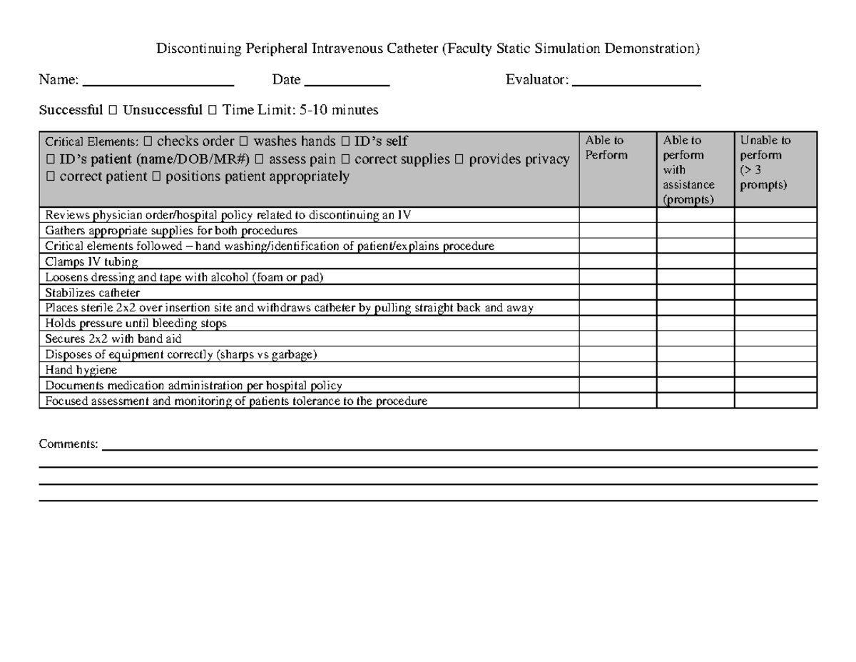 Check off template DCIV - Discontinuing Peripheral Intravenous Catheter ...