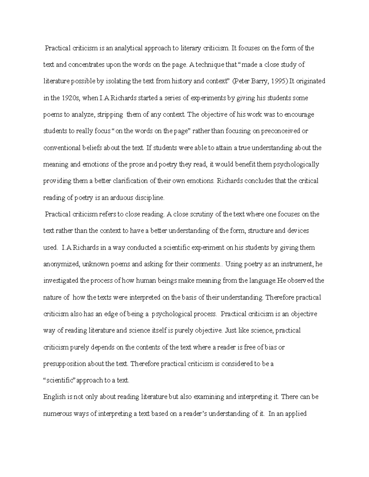 Practical criticism - It focuses on the form of the text and ...