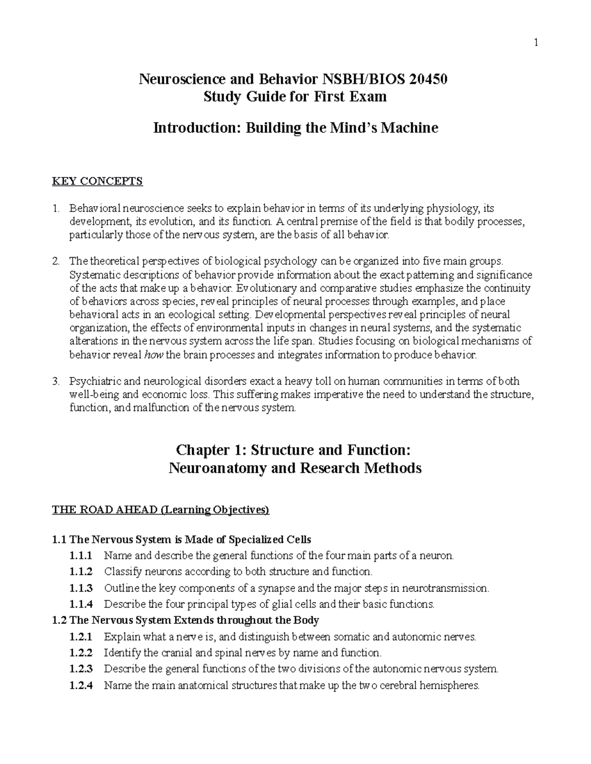 Study Guide First Exam 4th edition - Neuroscience and Behavior NSBH ...