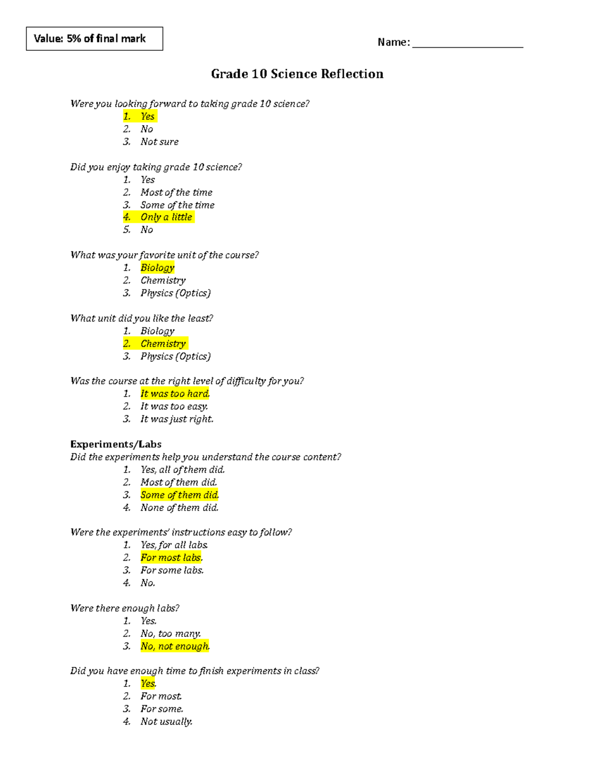 Grade 10 Science Reflection - Name: ___________________ Grade 10 ...