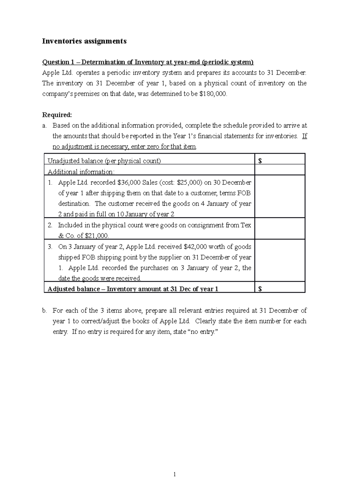 Inventories Assignments - Inventories assignments Question 1 – Determination of Inventory at ...