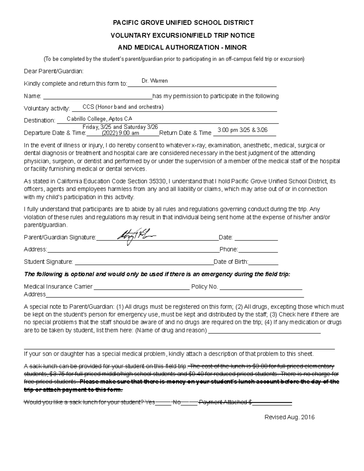 21.22Field Trip Form Student - PACIFIC GROVE UNIFIED SCHOOL DISTRICT ...