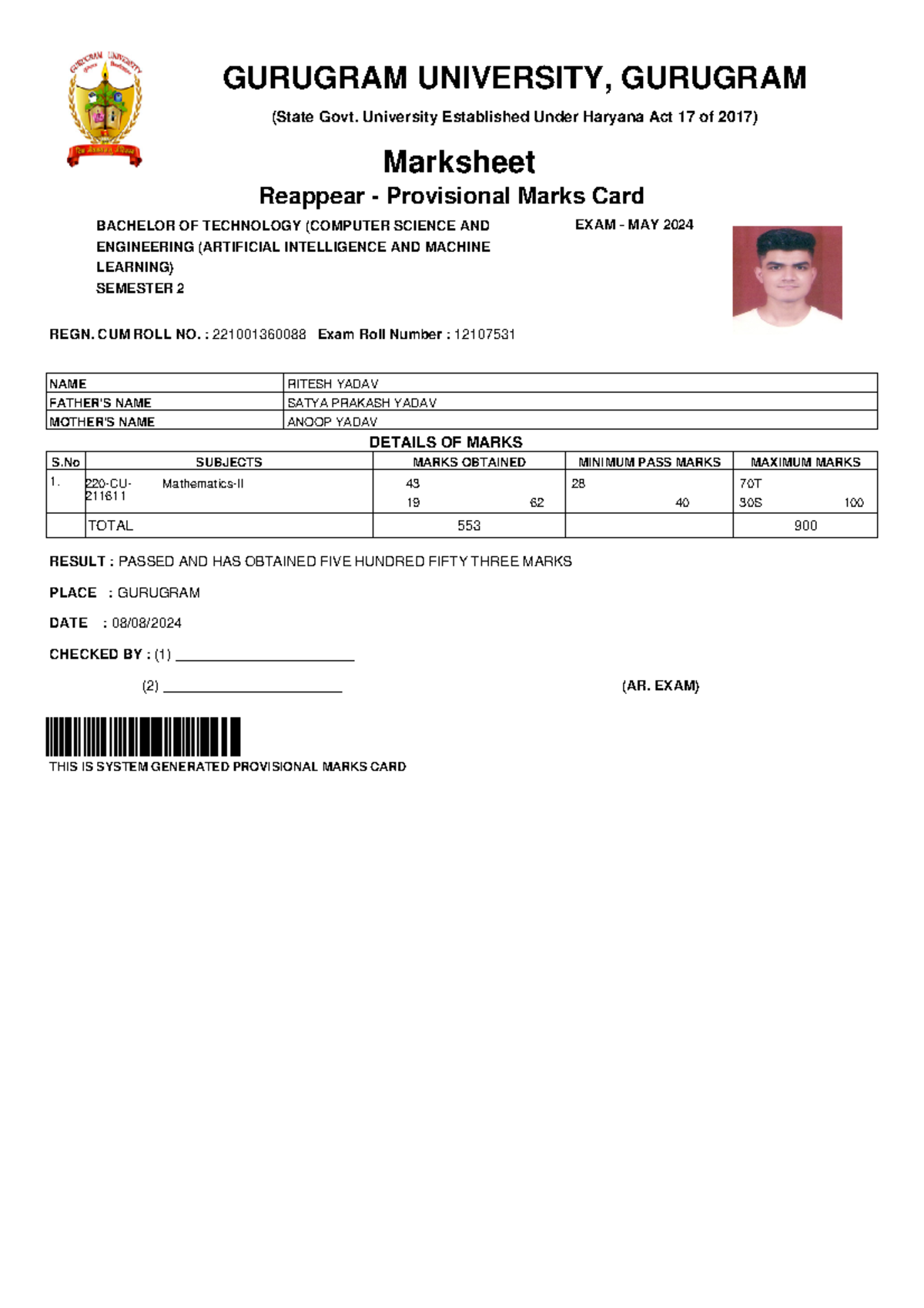 Student Marks Card (1) - fhfjjf - GURUGRAM UNIVERSITY, GURUGRAM (State ...