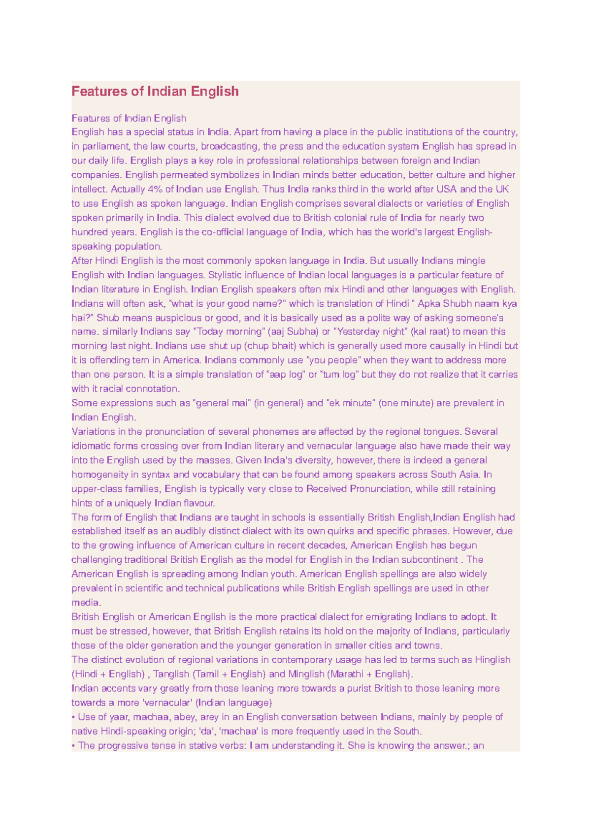 280611204 Features of Indian English - Features of Indian English ...