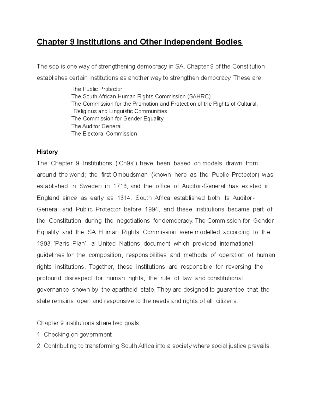 Chapter 9 Institutions and Other Independent Bodies - Chapter 9 of the Constitution establishes ...