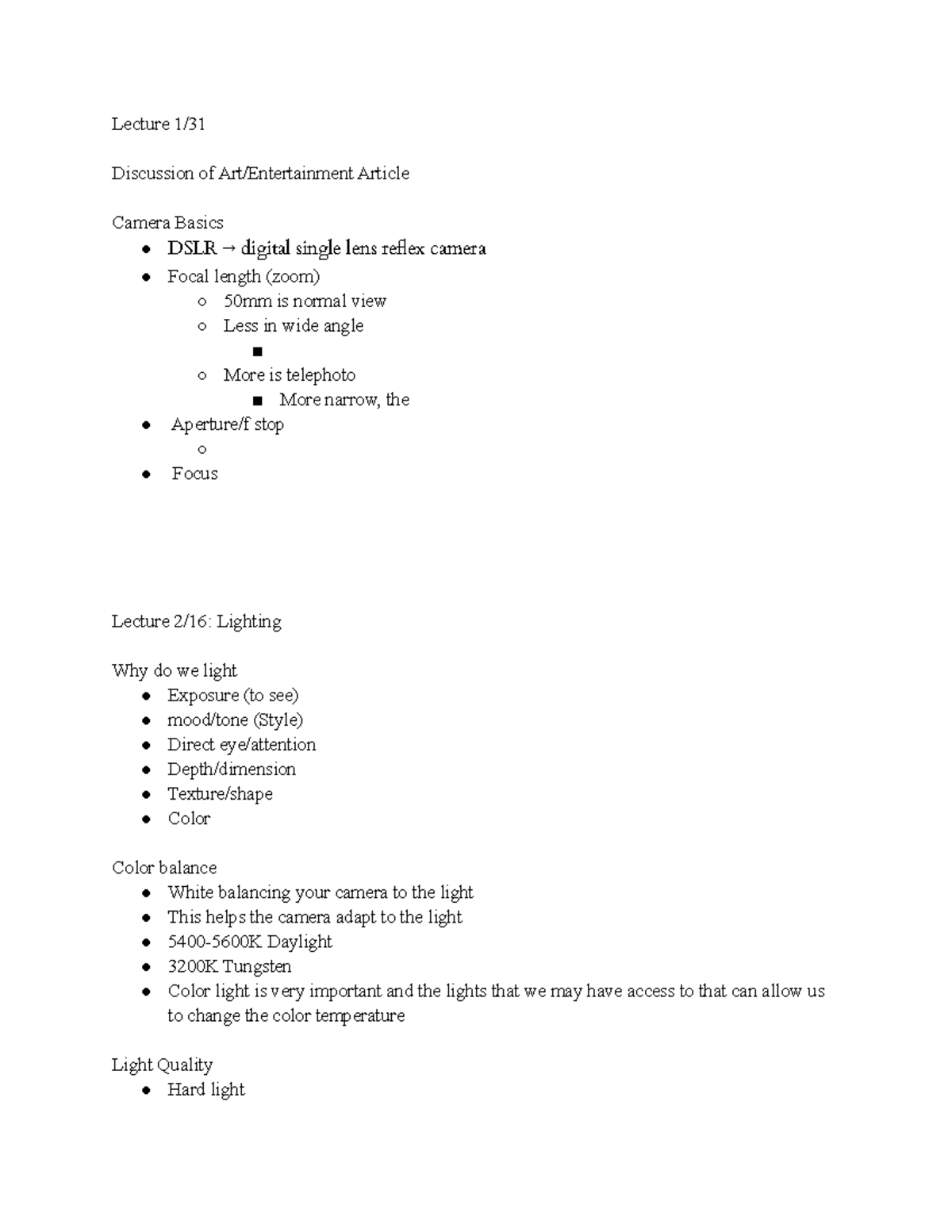 CMA Notes - Lecture 1/ Discussion of Art/Entertainment Article Camera ...