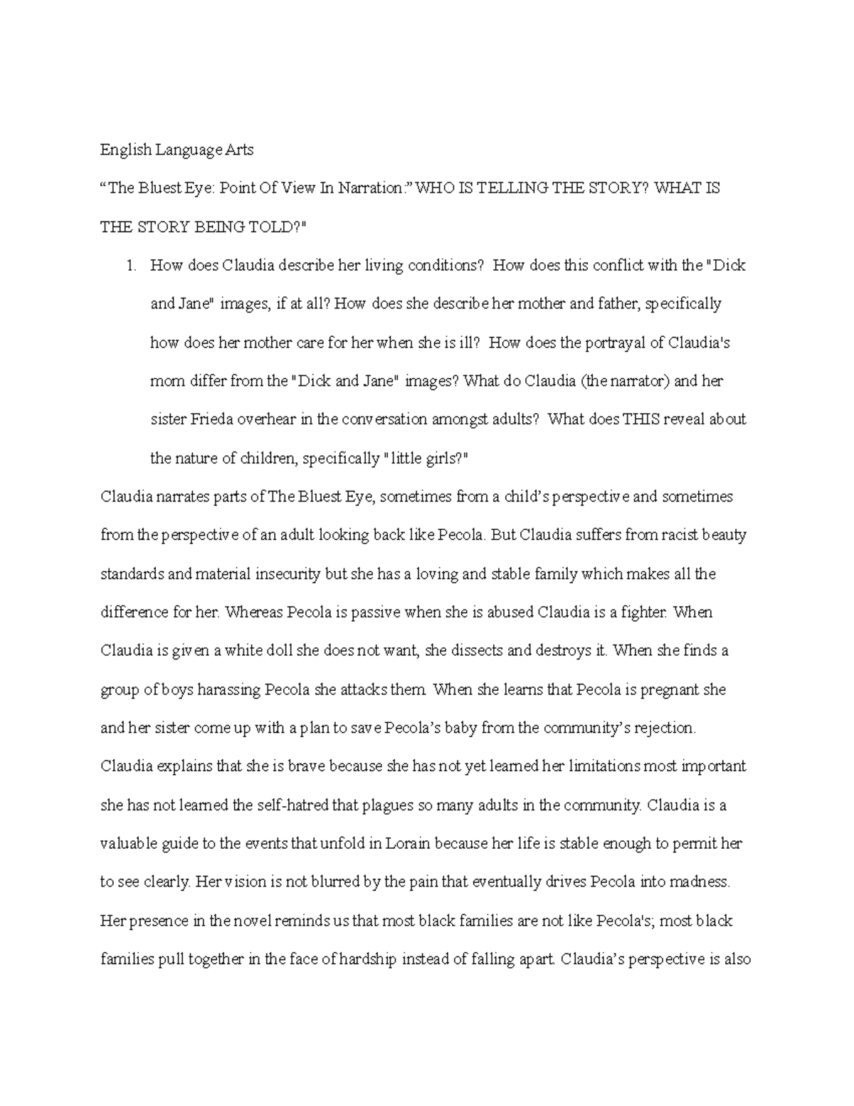 - THE Bluest EYE Point of View in Narration " WHO IS Telling THE Story ...