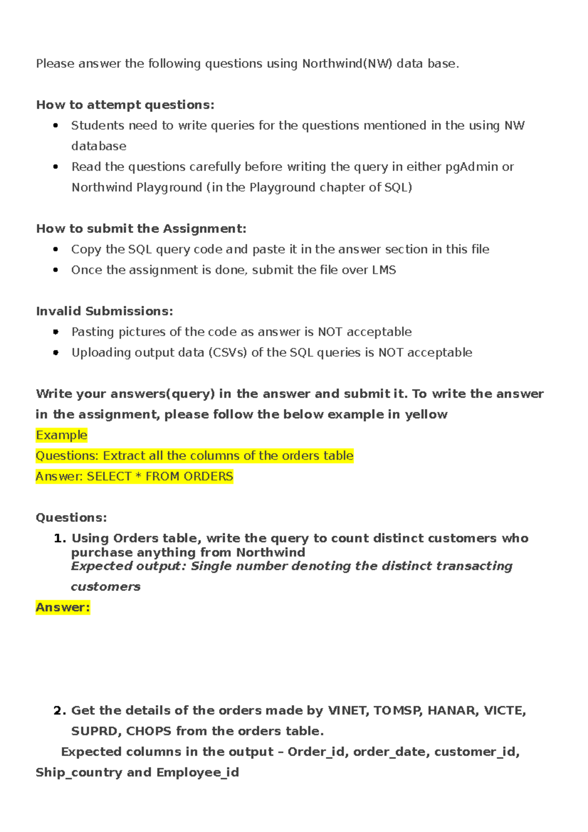Major Assignment - SQL fundamentals and aggregation (student submission) - Please answer the ...