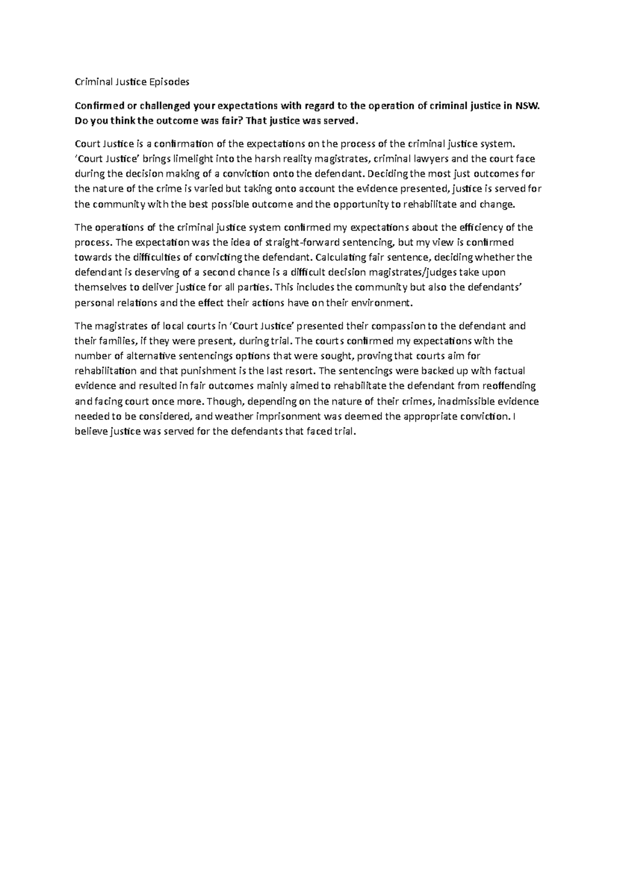 Court Justice Episode Reflection - Week 1, Criminal Law and Procedure 1 ...