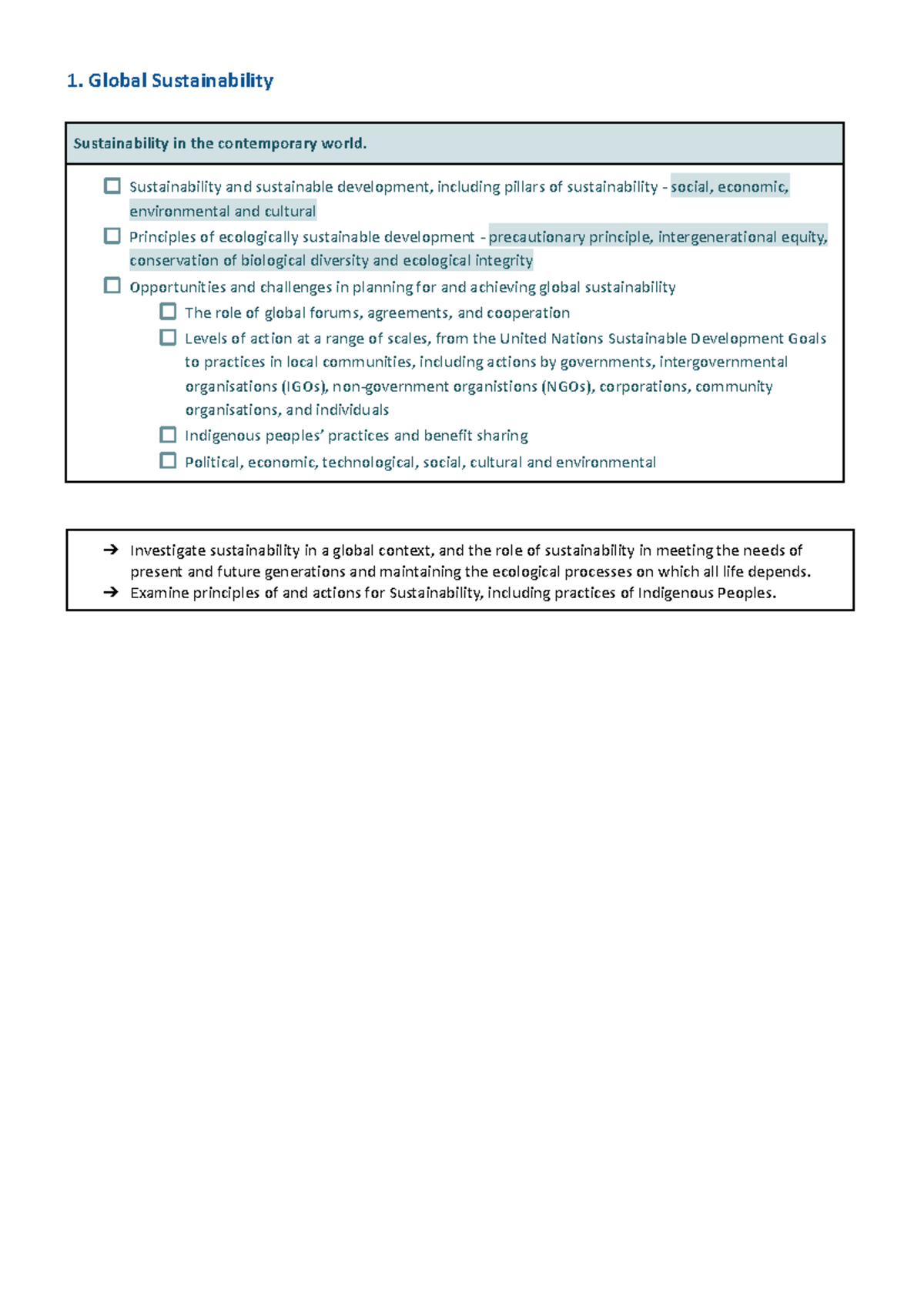 GEO YR12 - Global Sustainability Notes - 1. Global Sustainability ...