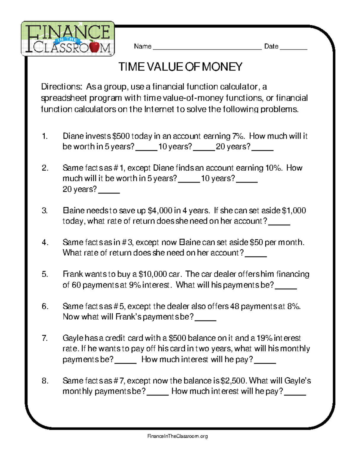 Time Value Money - bxbfx fbdfb - FinanceInTheClassroom Name