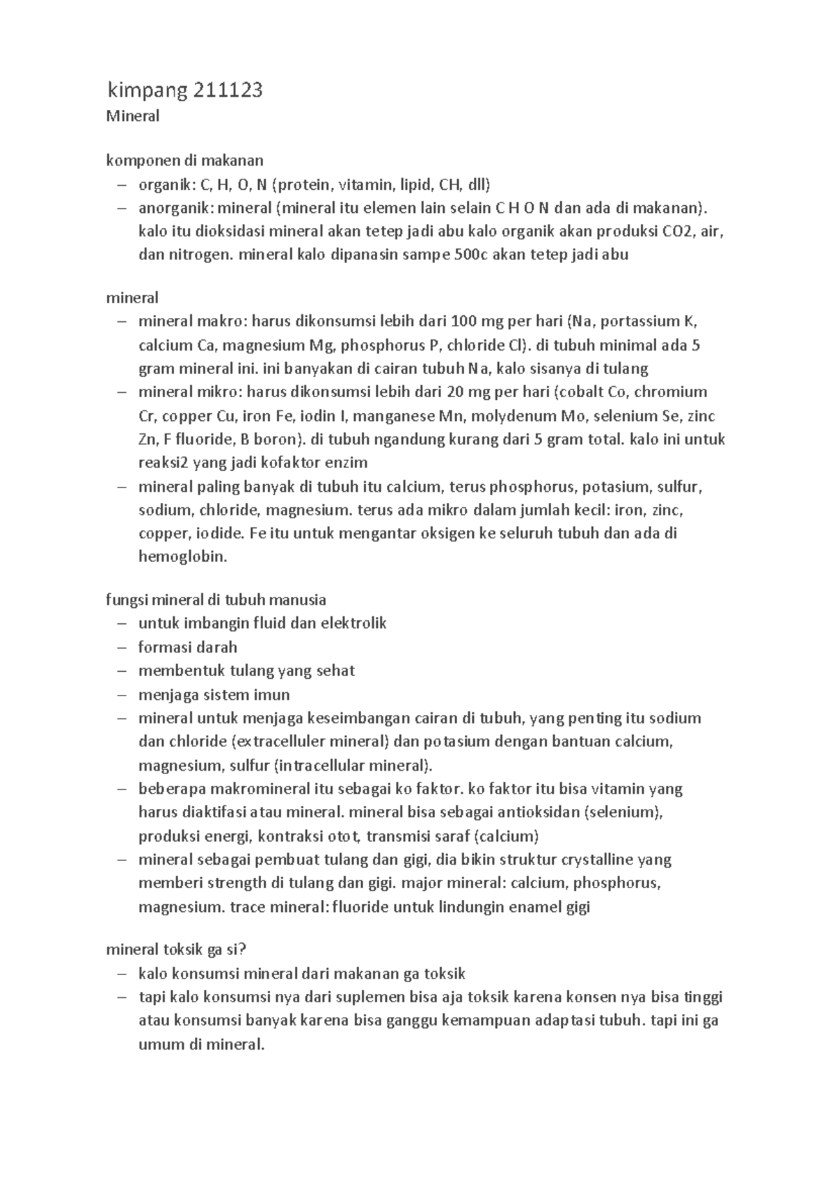 Mineral - kimpang 211123 Mineral komponen di makanan - organik: C, H, O ...