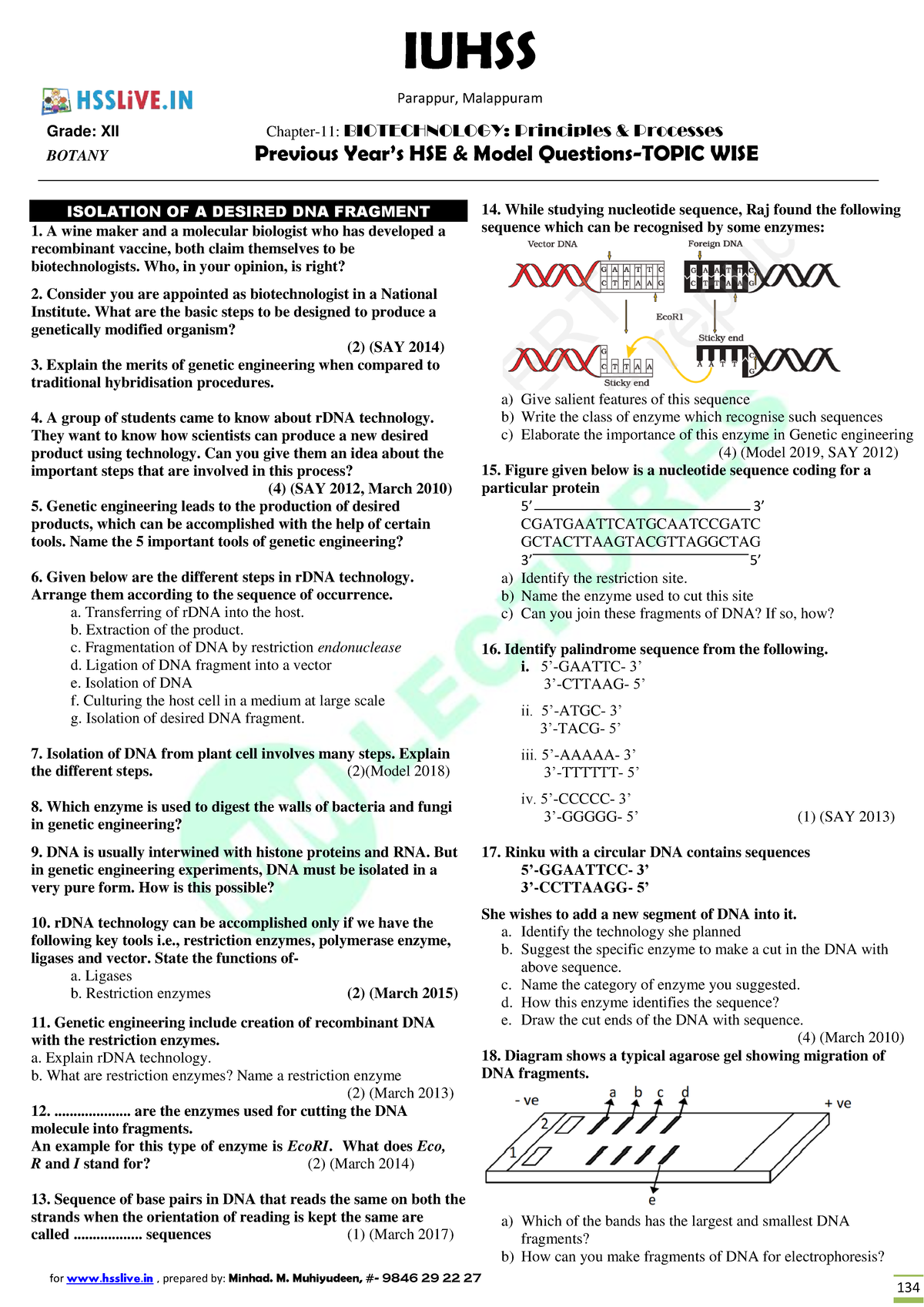 Hsslive-11-B- Biotech- Principles, Previous yr HSE n Model questions ...