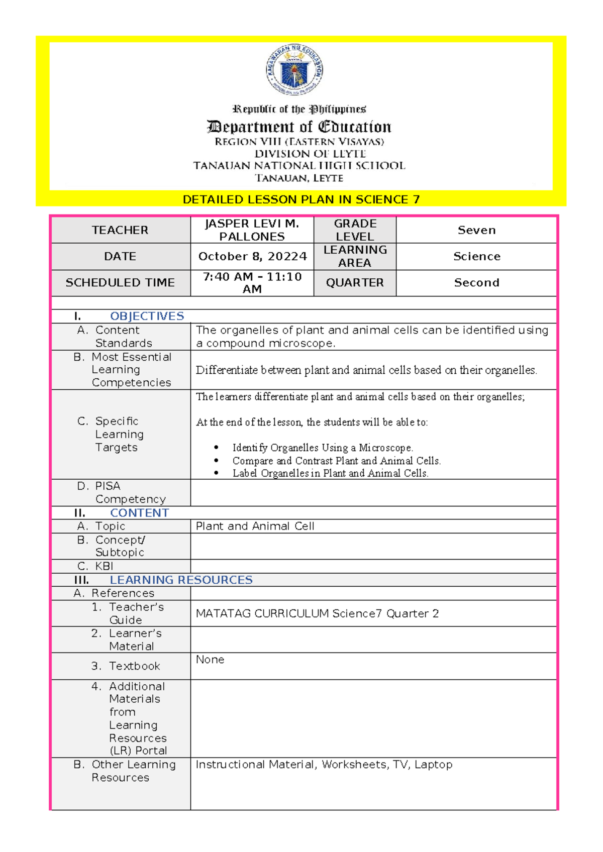 Topic-2 The Cell - Lesson plan about The cell - DETAILED LESSON PLAN IN ...