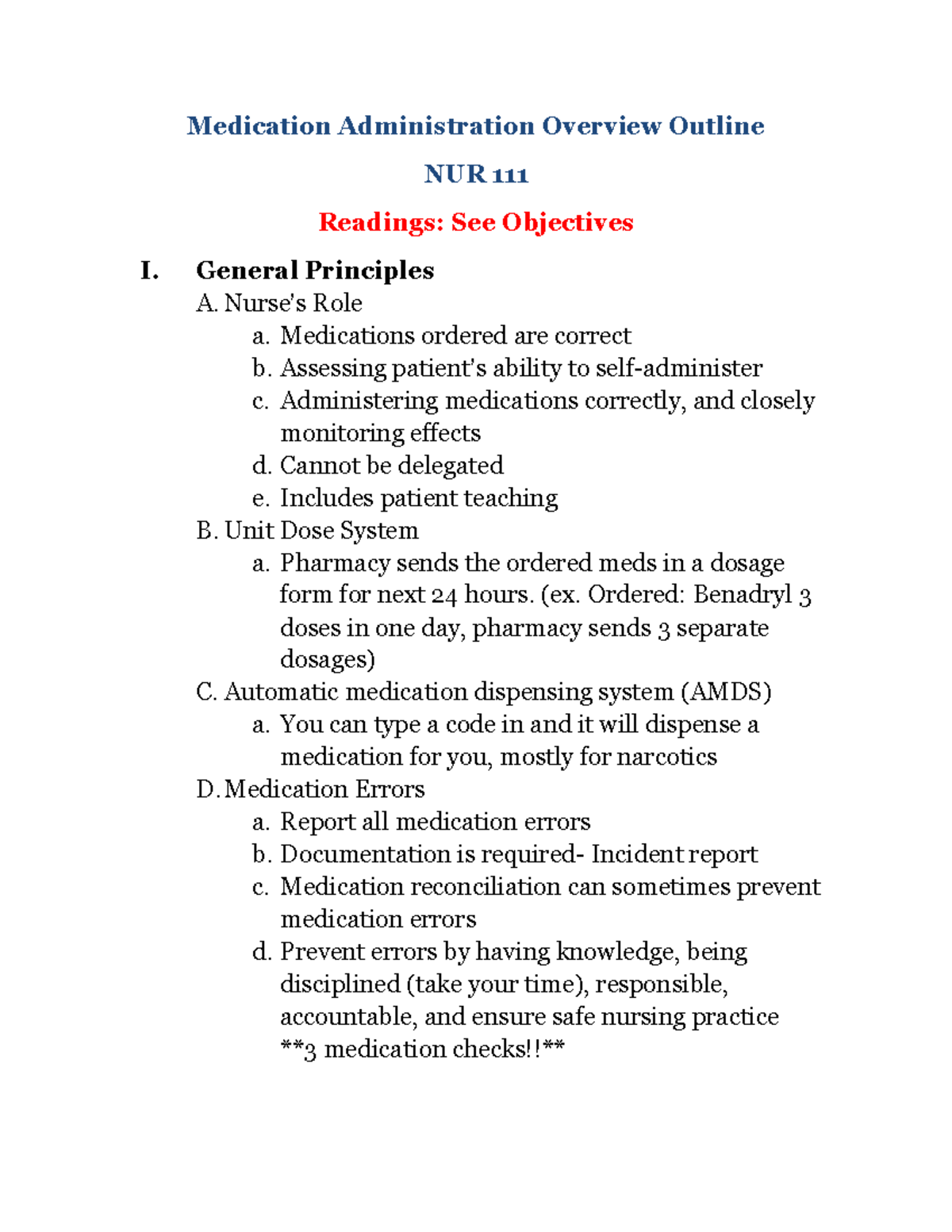 Medication Administration Overview Outline - General Principles A’s ...