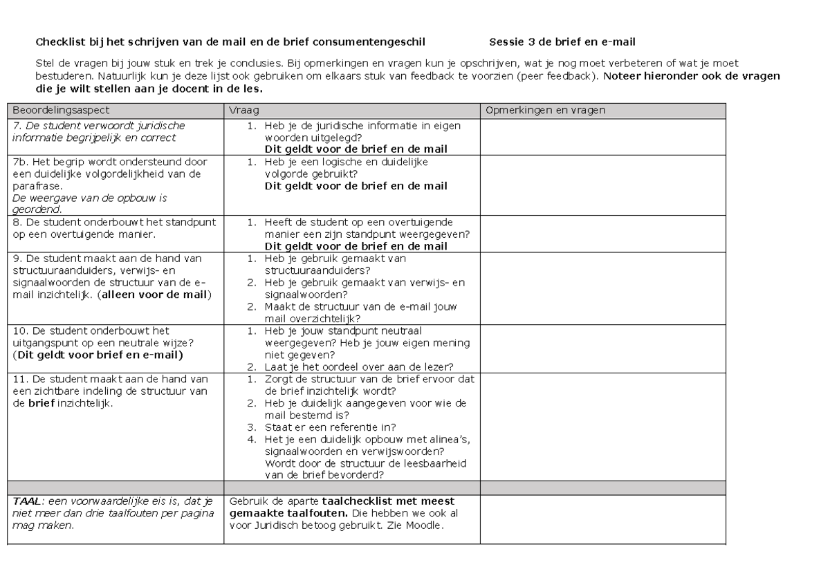 Feedbackformulier mail en brief - Checklist bij het schrijven van de ...