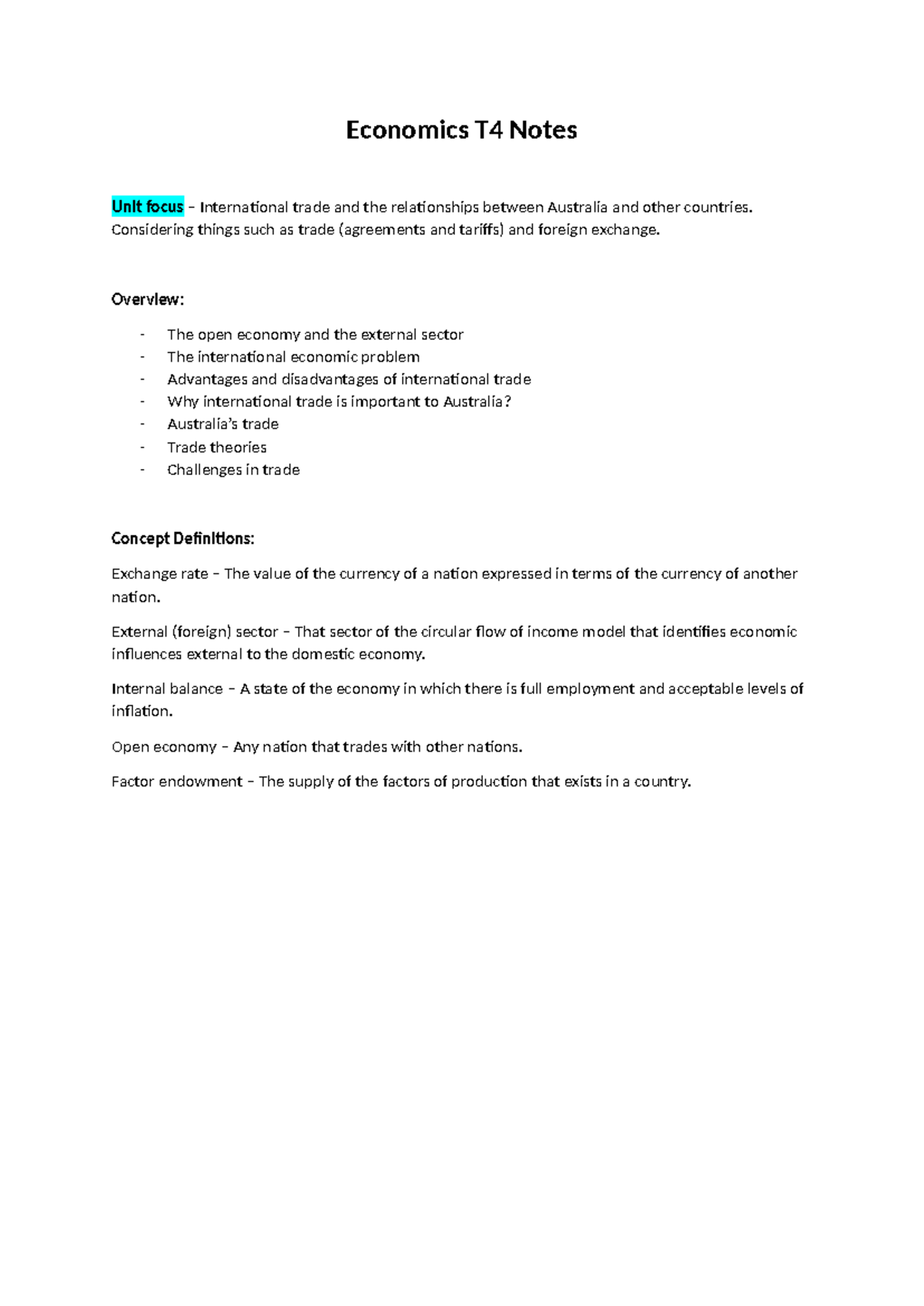 Economics T4 Notes - Economics T4 Notes Unit focus – International ...