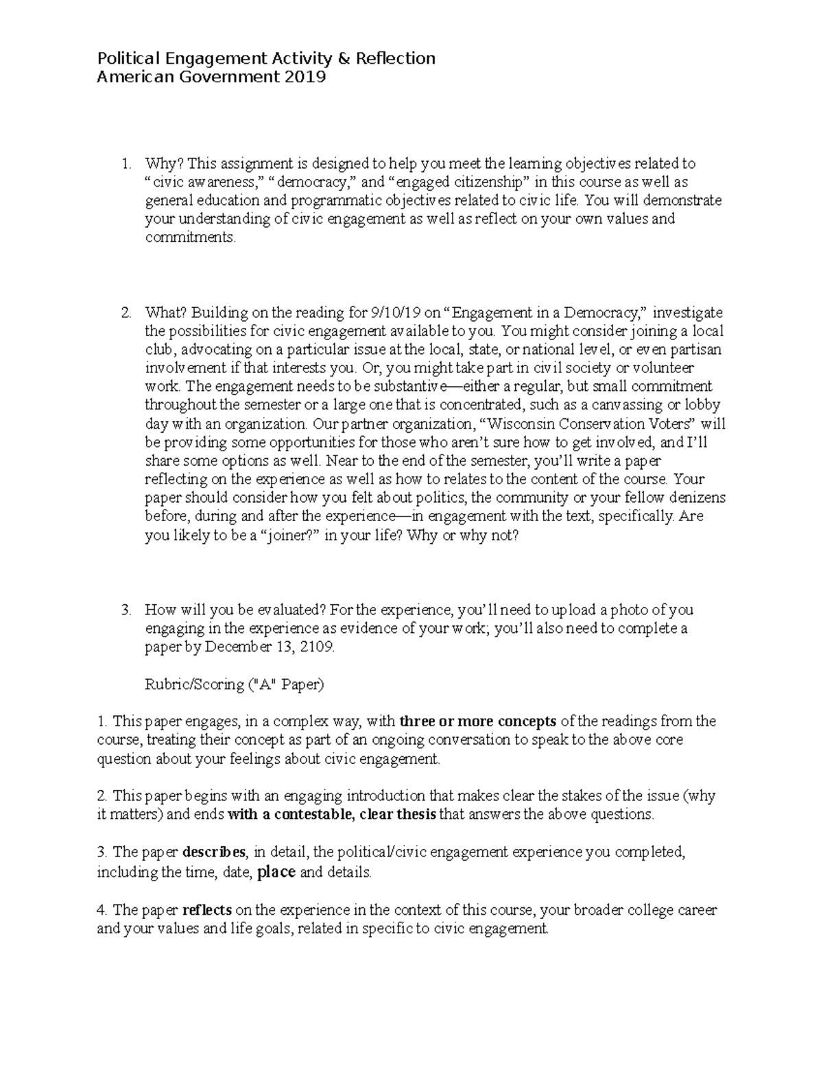 Political Engagement and Reflection - Political Engagement Activity ...