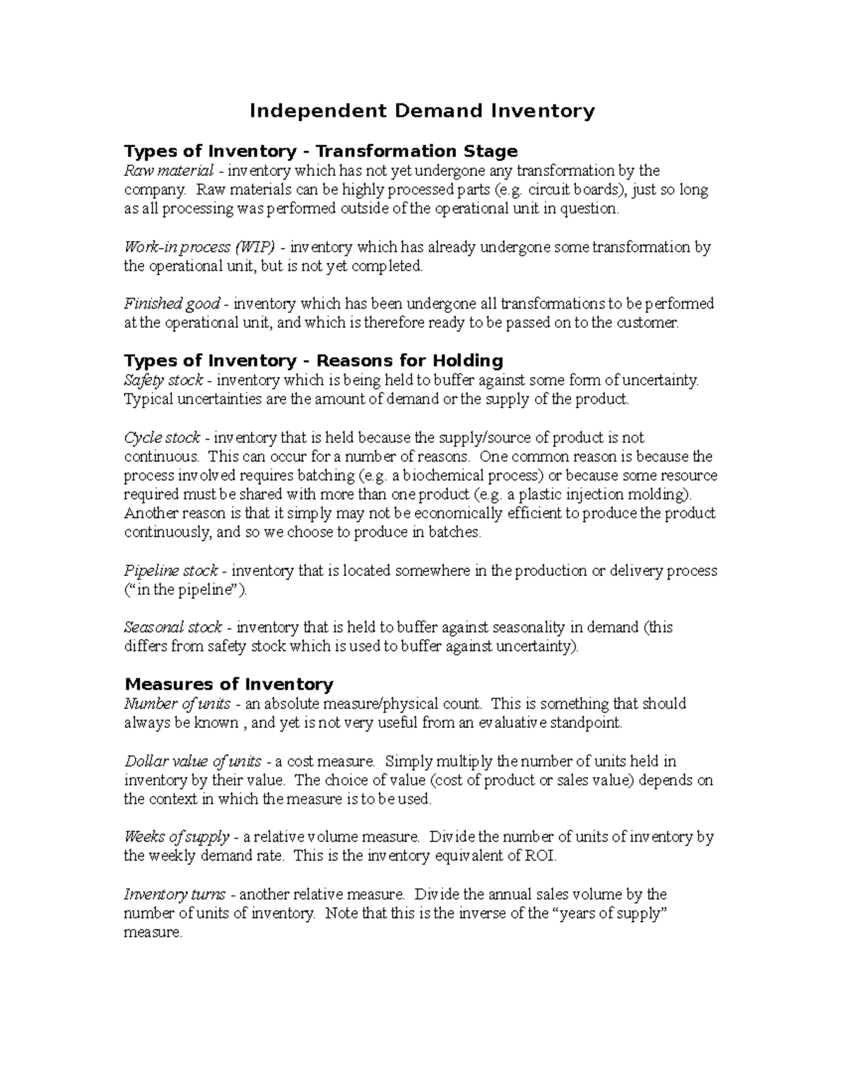 Independent Demand Inventory lecture note - Independent Demand ...