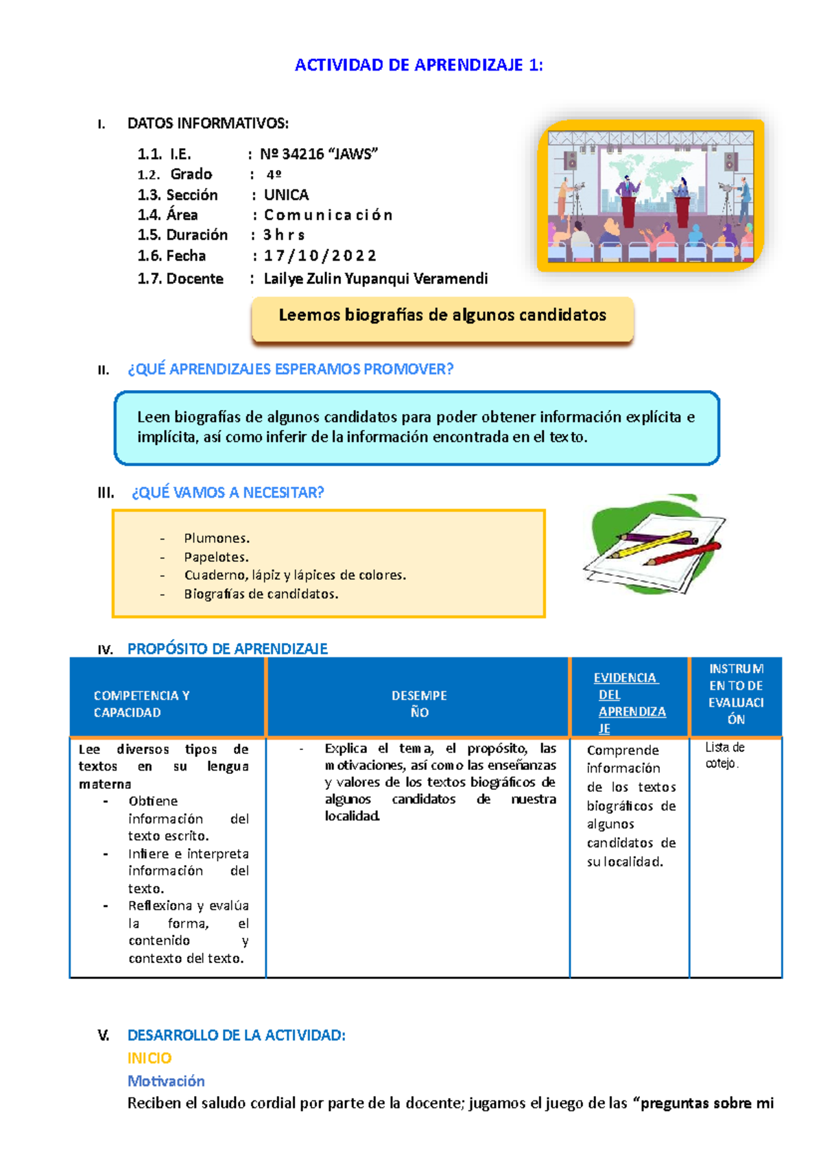 6 Sesión de Aprendizaje C 17 de octubre - ACTIVIDAD DE APRENDIZAJE 1: I. DATOS INFORMATIVOS: 1 ...