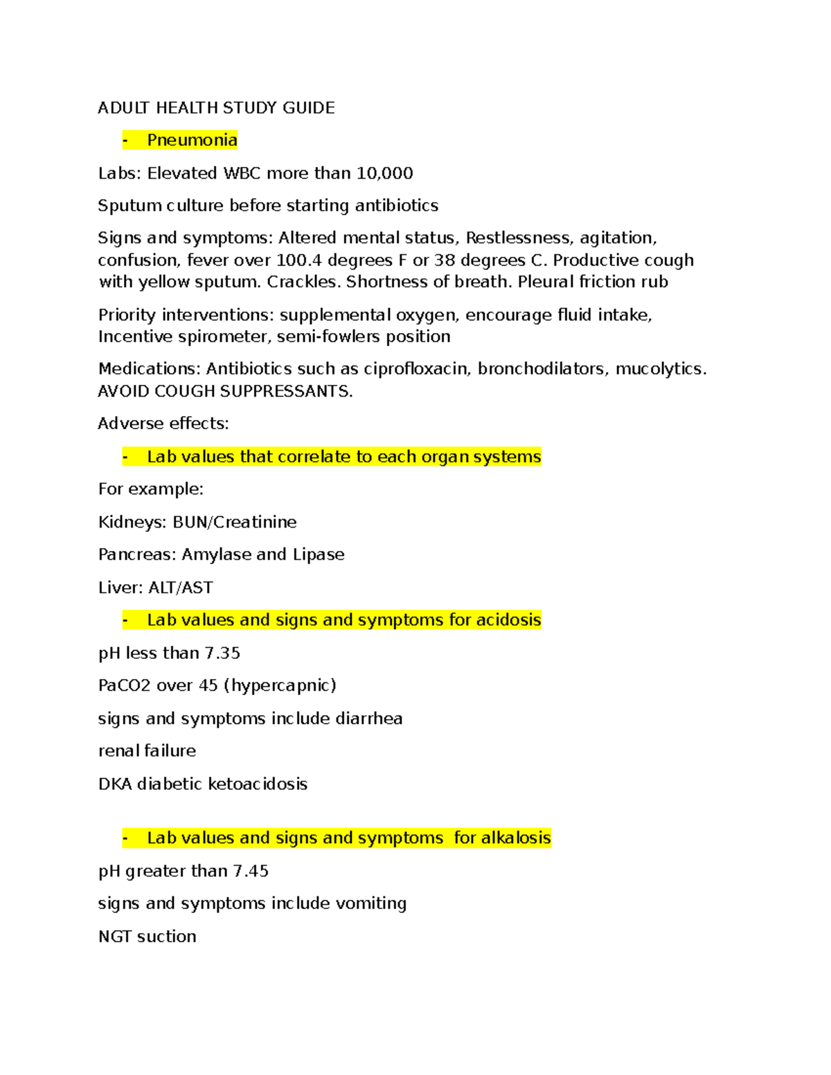 Adult Health Study Guide - ADULT HEALTH STUDY GUIDE Pneumonia Labs ...