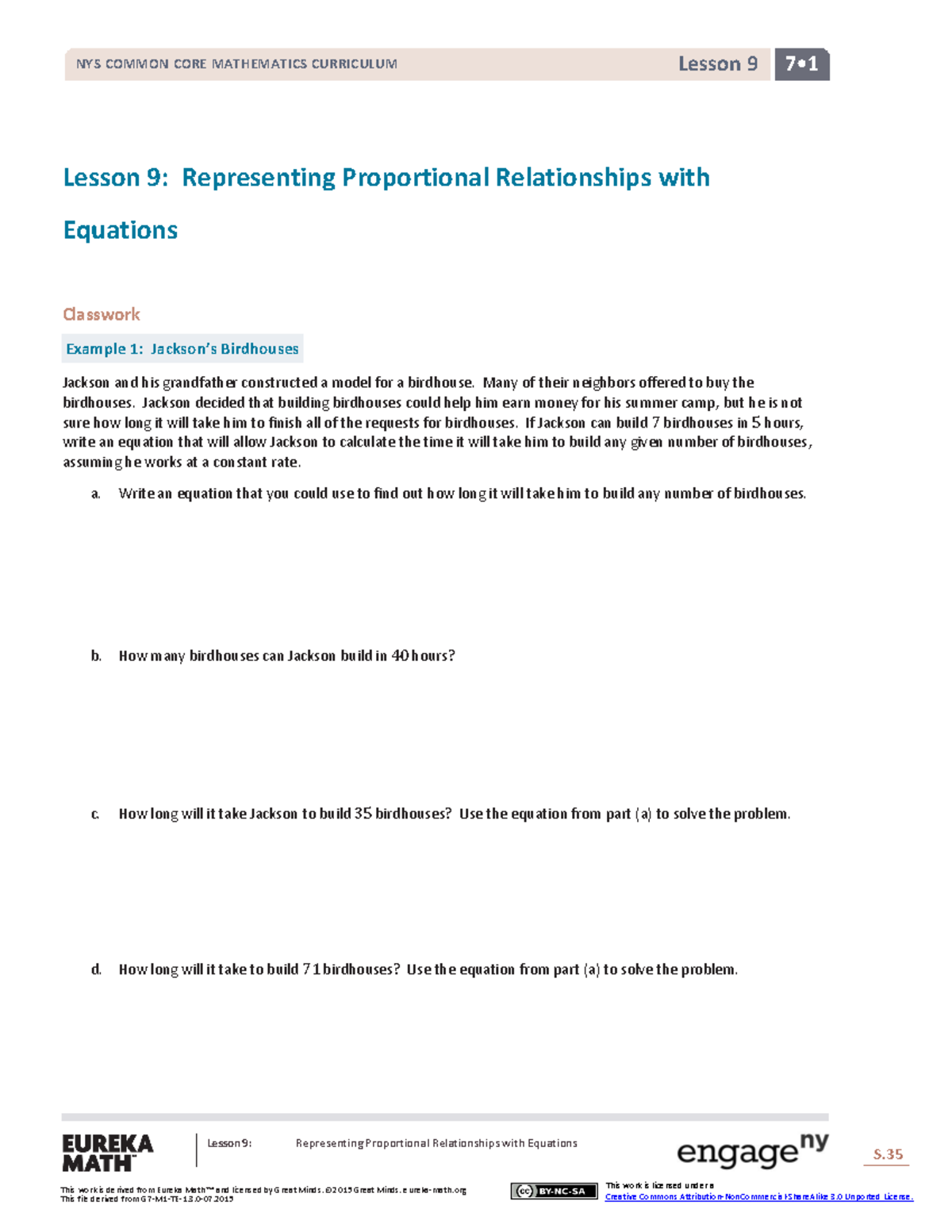Representing Proportional Relationships with Equations - 35 This work ...