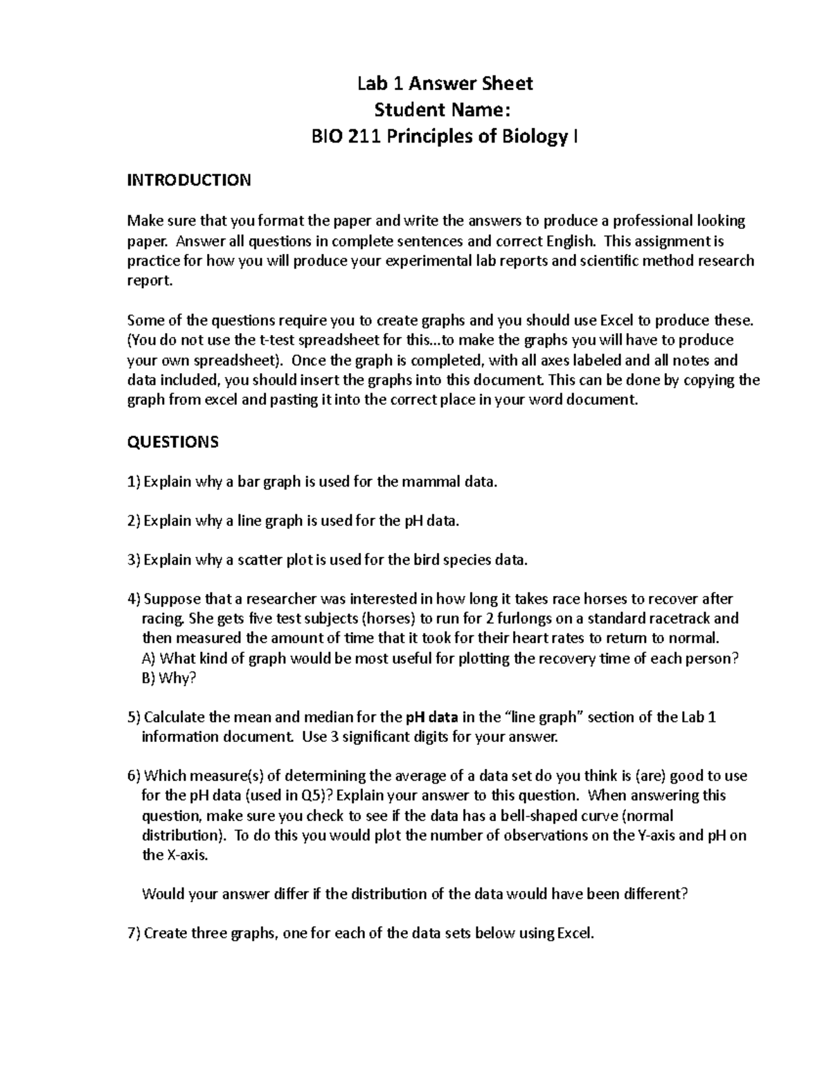 Lab 1 Graphing and Statistics Lab Report - Lab 1 Answer Sheet Student ...