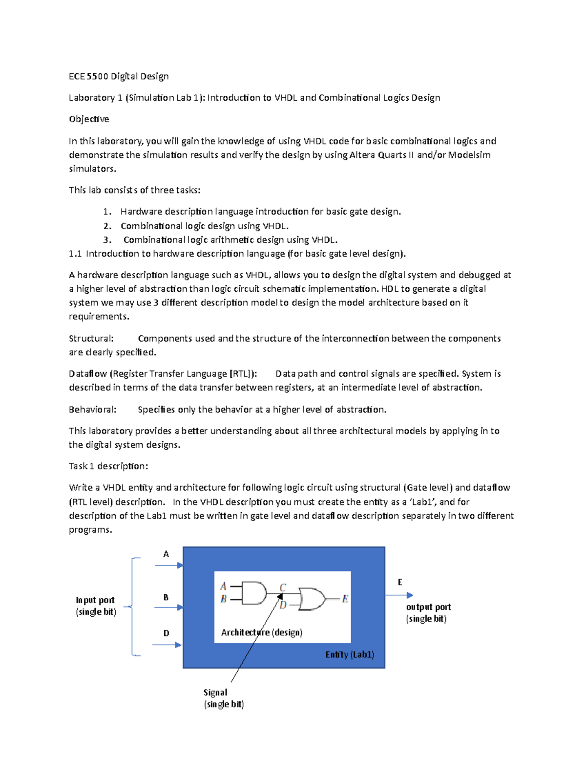 ECE 5500 Digital Design - ECE 5500 Digital Design Laboratory 1 (Simulation Lab 1): Introduction ...