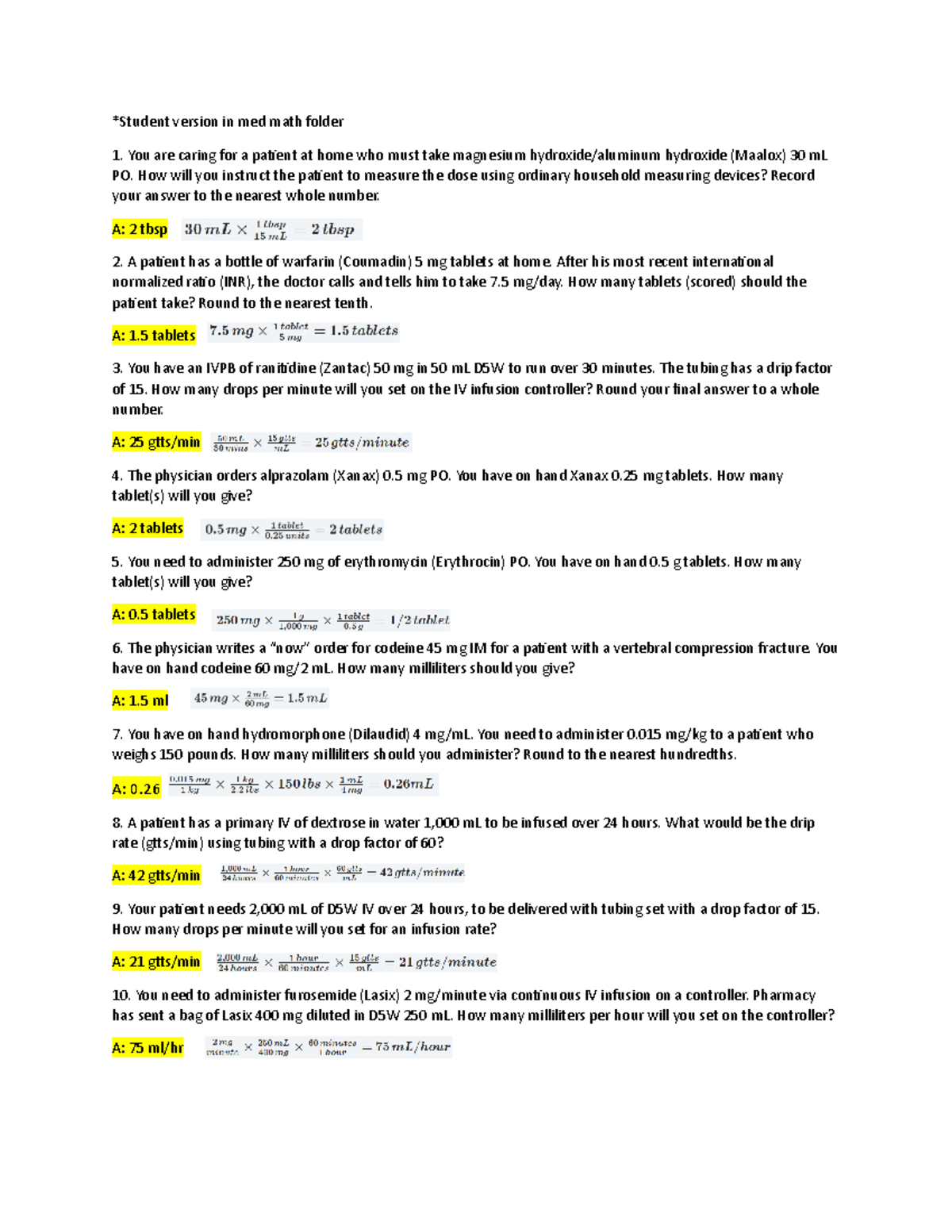 Med math poractice questions (2) answer key - *Student version in med ...
