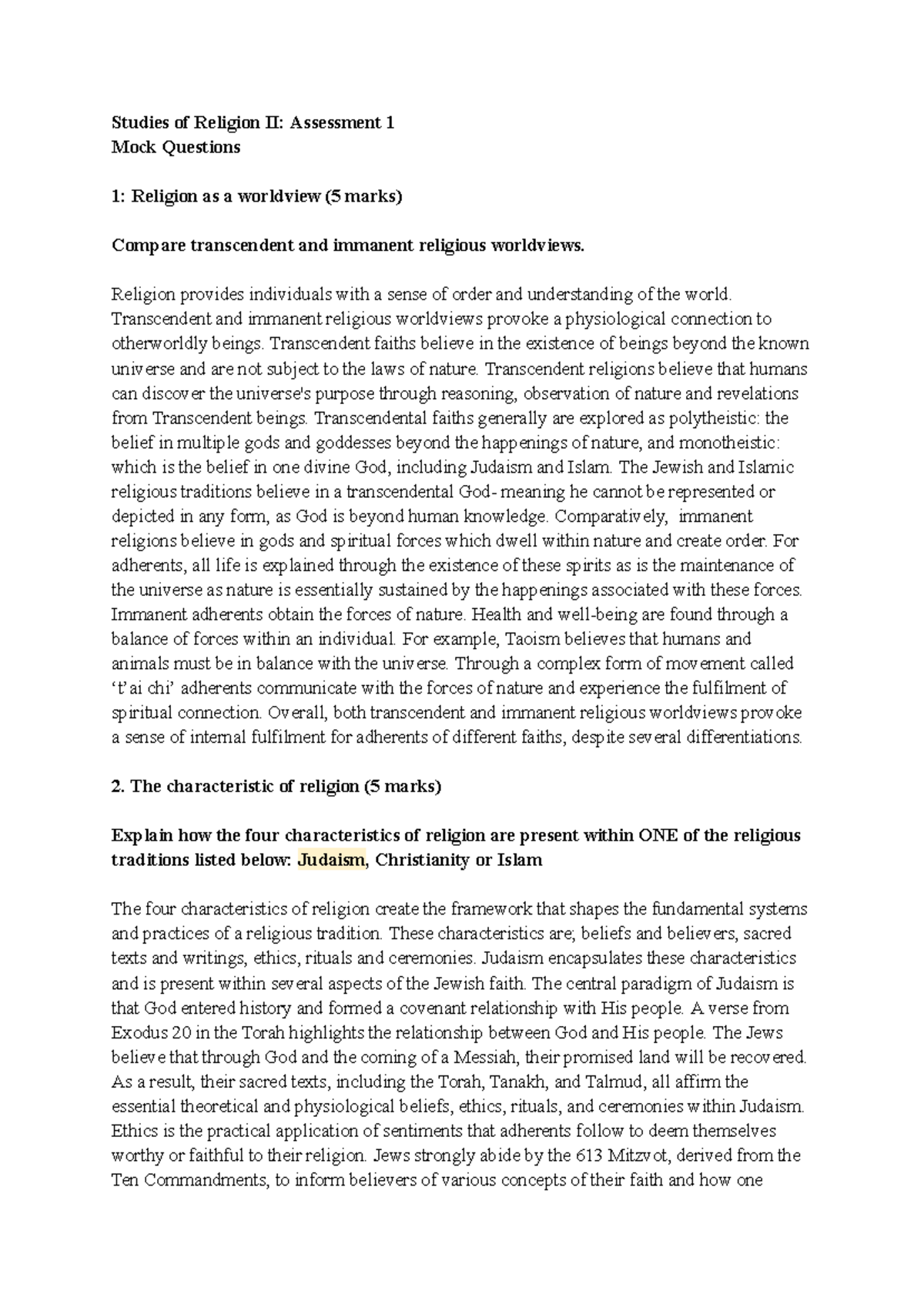 Studies of Religion II Assessment 1 - Religion provides individuals ...